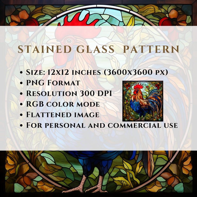 Rooster Stained Glass Pattern, Sublimation Designs, Stained Glass PNG ...