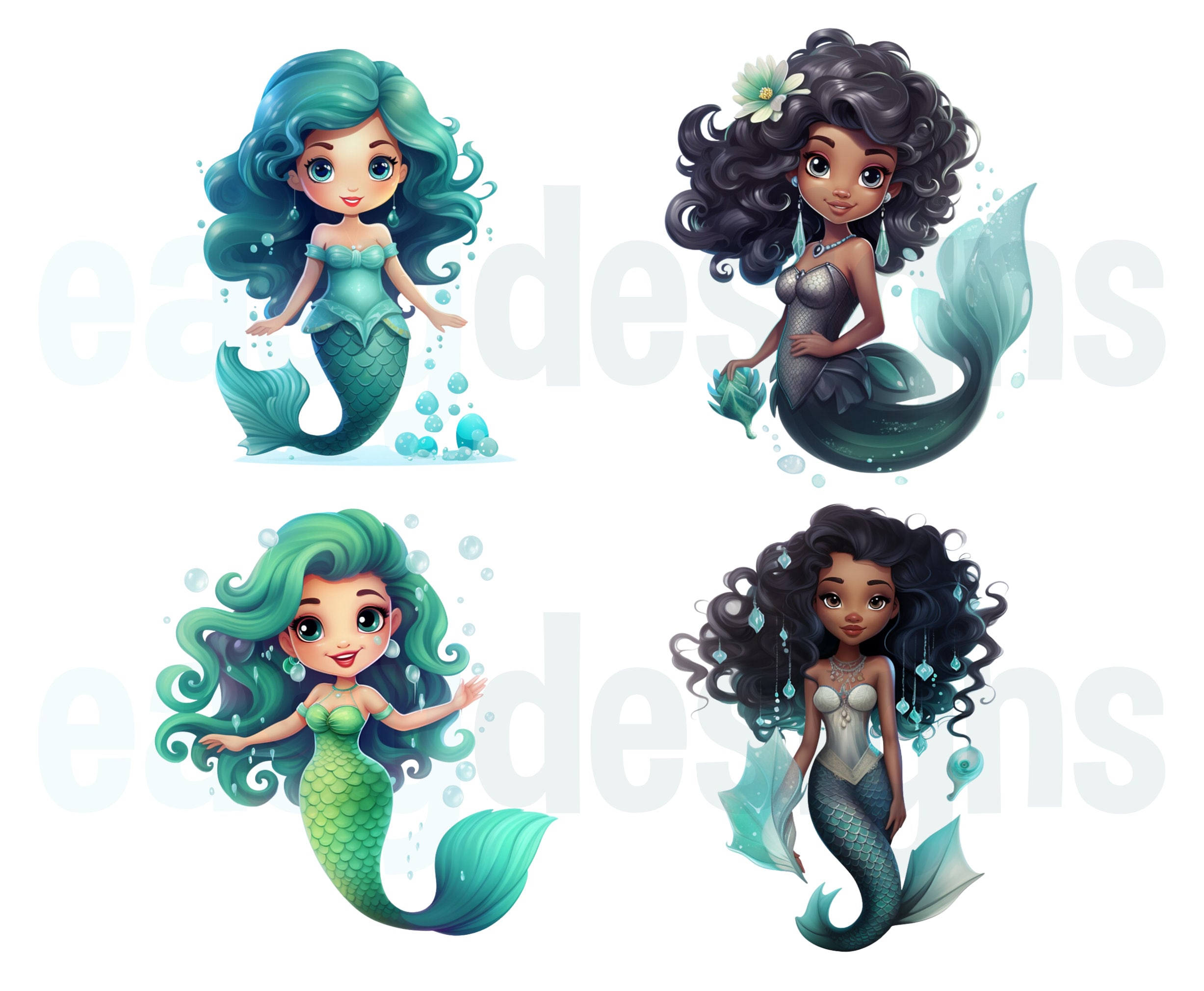 16 Cute Mermaids Clipart Bundle, Fantasy Art, Transparent Background ...