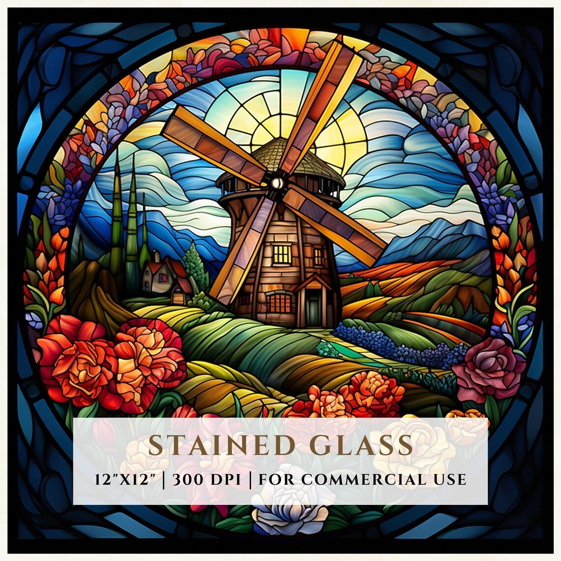 Windmill Scenery Stained Glass Pattern, Sublimation Designs, Stained ...