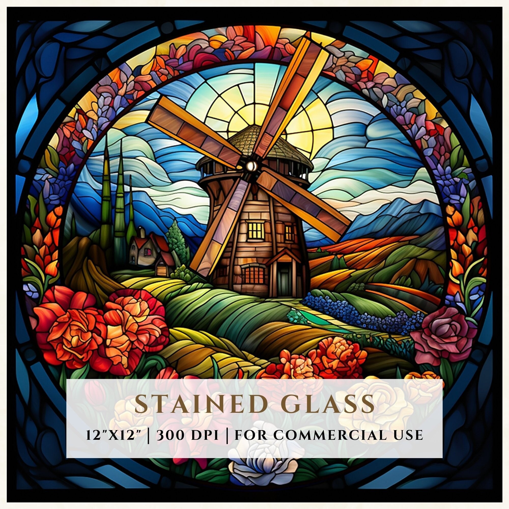 Windmill Scenery Stained Glass Pattern, Sublimation Designs, Stained ...