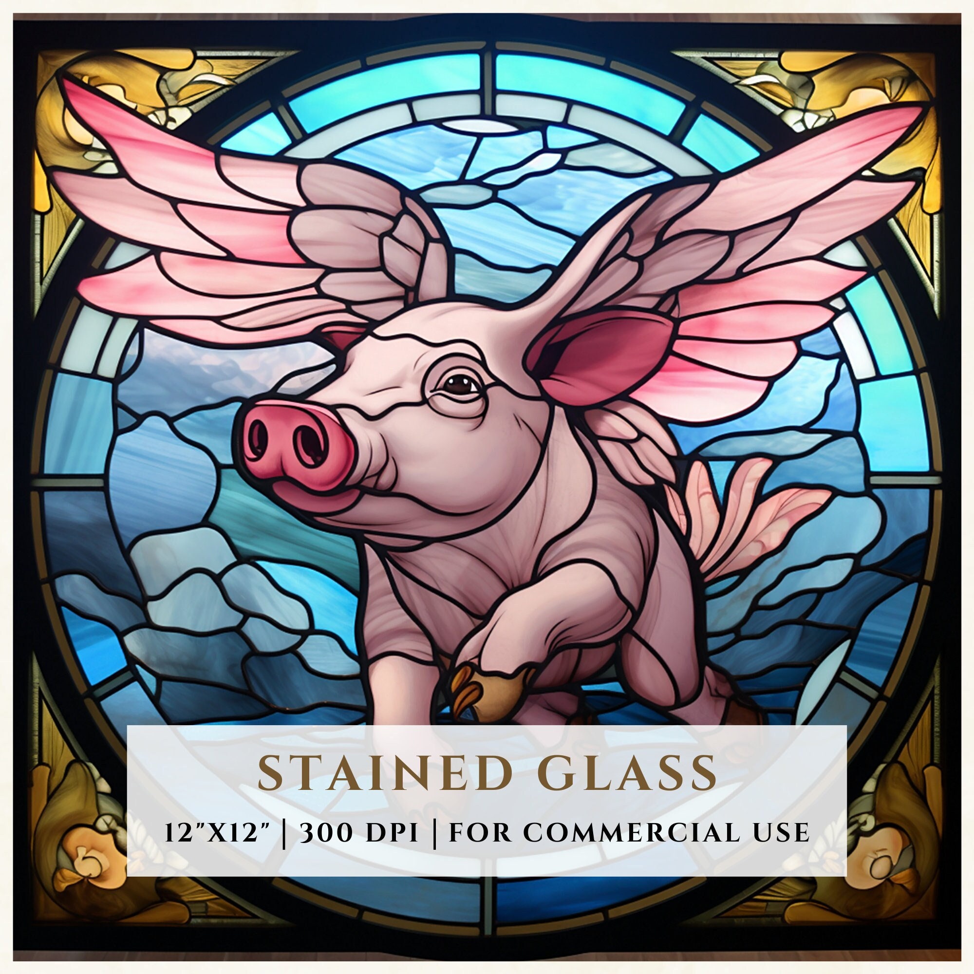 When Pigs Fly Stained Glass Pattern, Sublimation Designs, Stained Glass ...