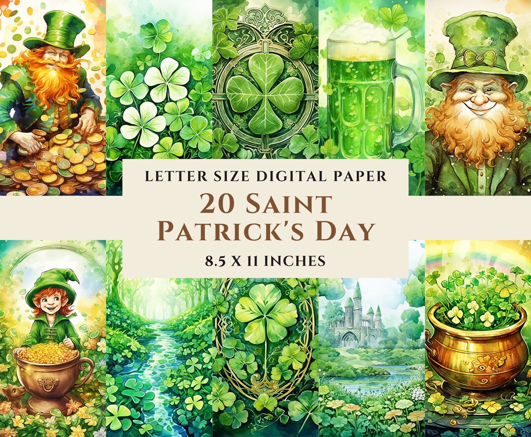 20 St. Patrick's Day Motifs Printable Digital Paper Bundle, Watercolor ...