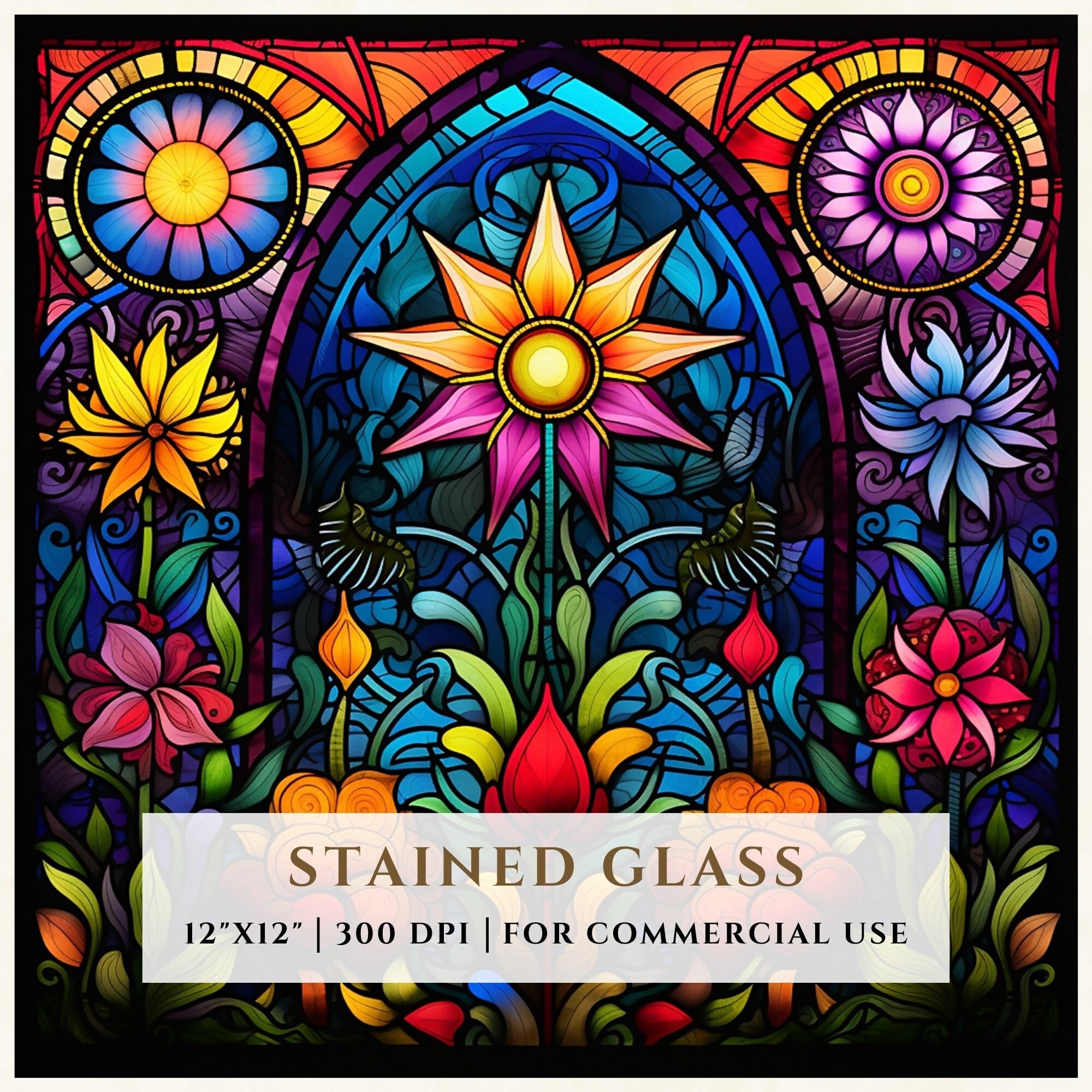 Hippie Motifs Stained Glass Pattern, Sublimation Designs, Faux Stained ...