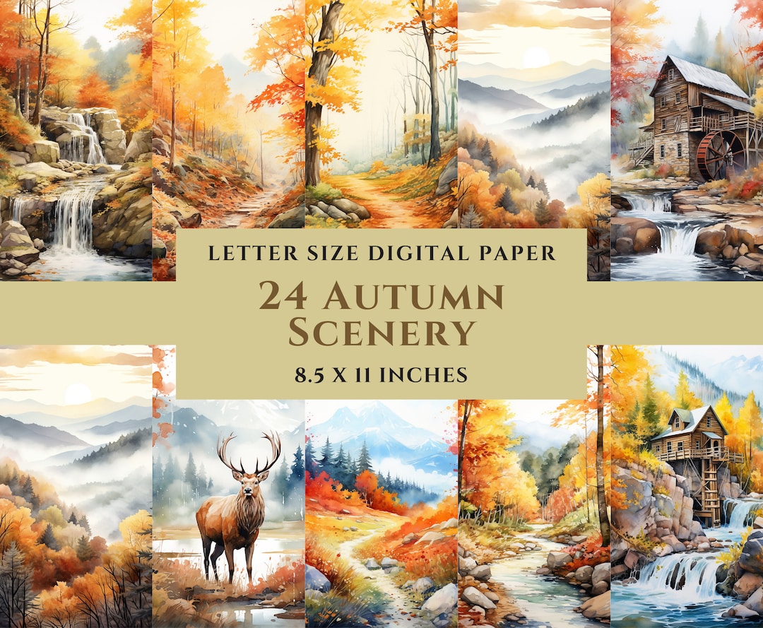24 Autumn Scenery Printable Digital Paper Bundle, Watercolor Fall ...