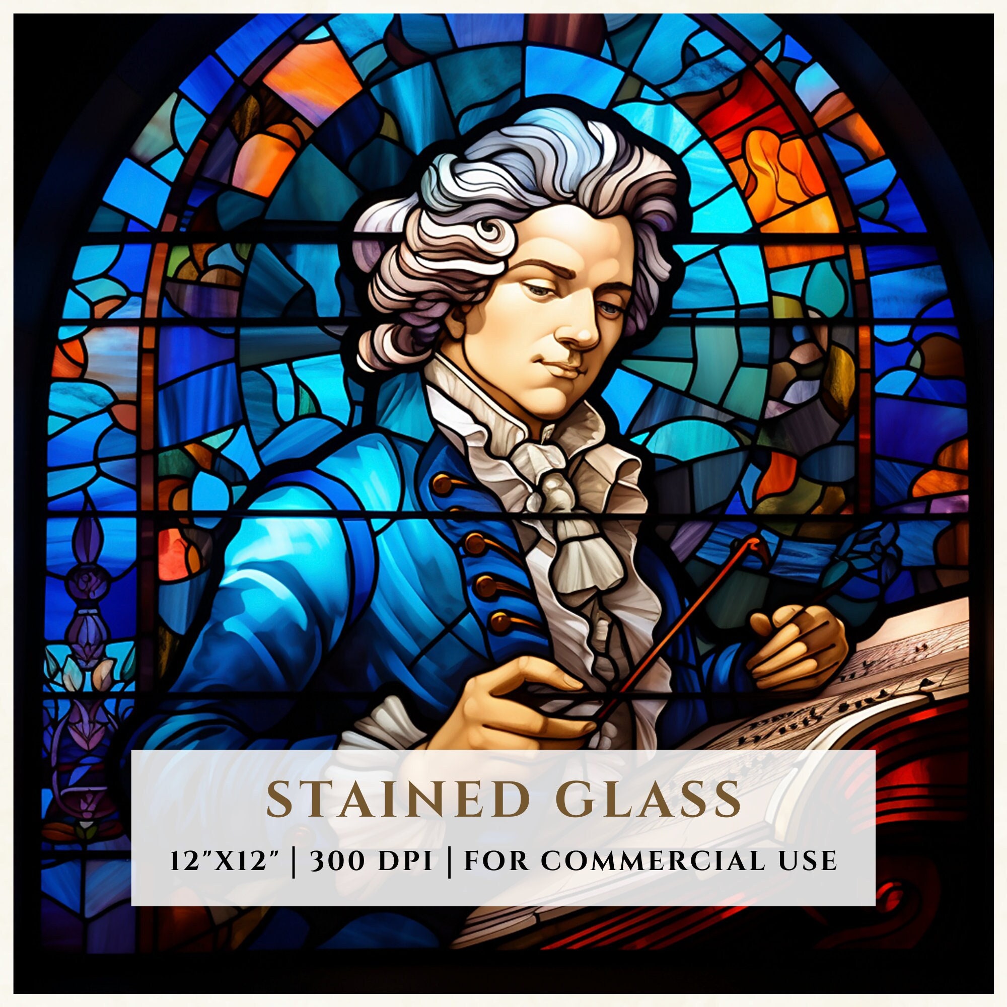 Wolfgang Amadeus Mozart Stained Glass Pattern, Sublimation Designs ...