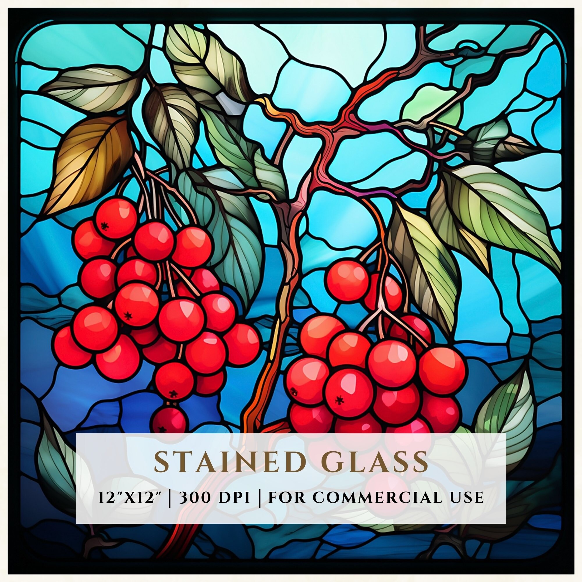 Red Berries Stained Glass Pattern Sublimation Designs - Etsy