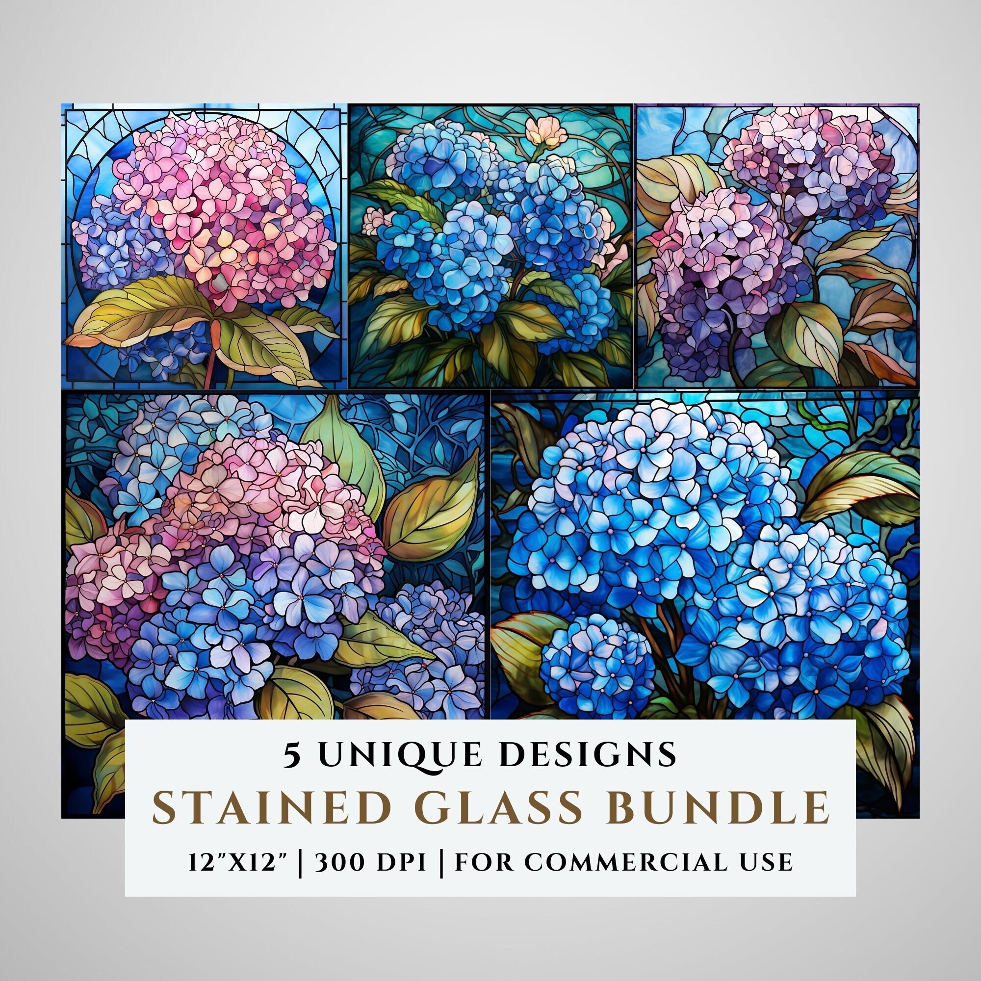 5 Hydrangea Flowers Stained Glass Pattern Bundle, Sublimation Designs ...
