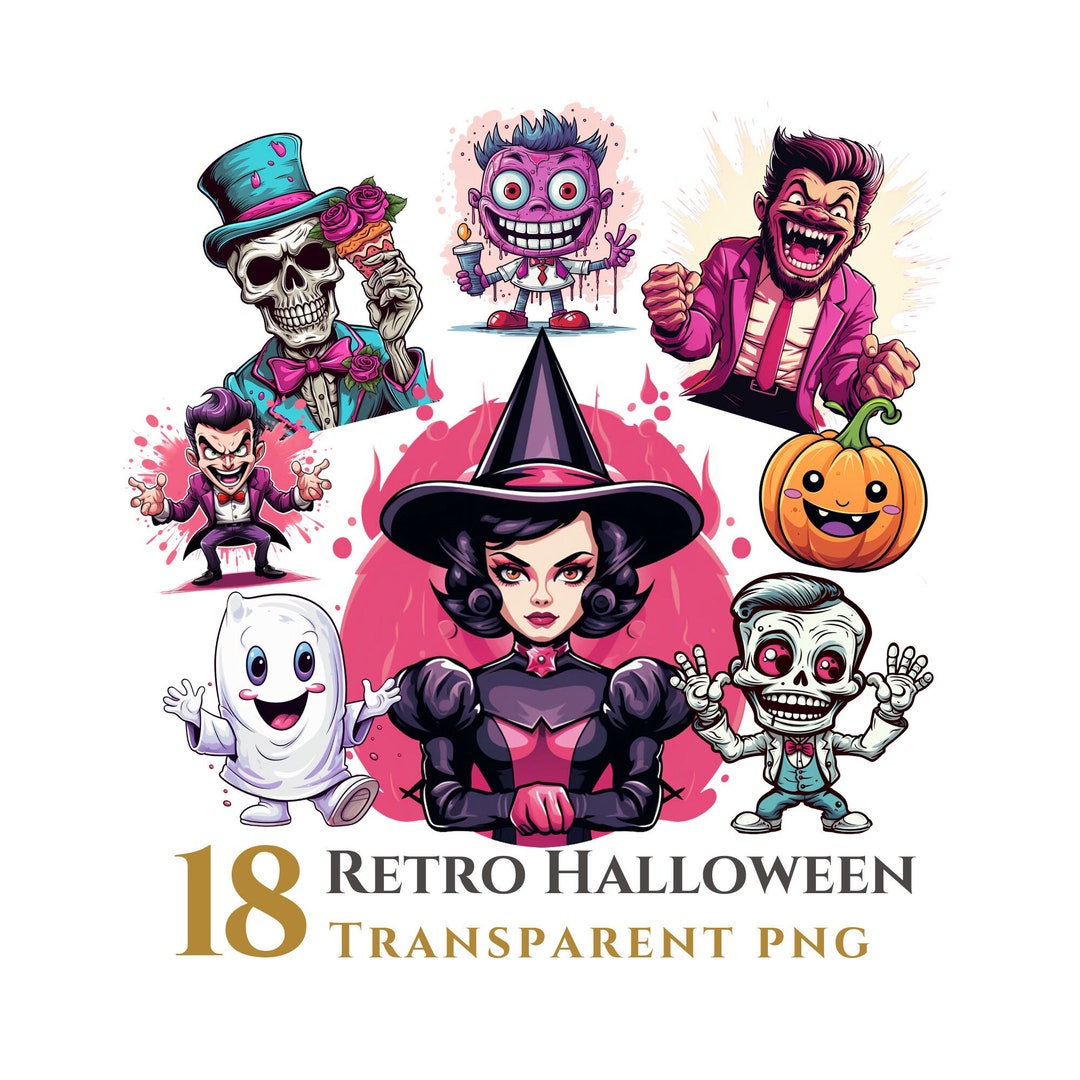 18 Retro Halloween Clipart Bundle, Transparent Background PNG Files ...