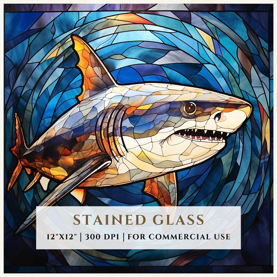Shark Stained Glass Pattern, Sublimation Designs, Stained Glass PNG ...