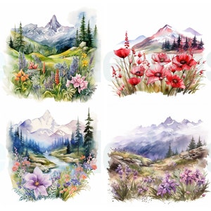 16 Watercolor Alpine Flowers Mountain High Scenery Clipart Bundle ...