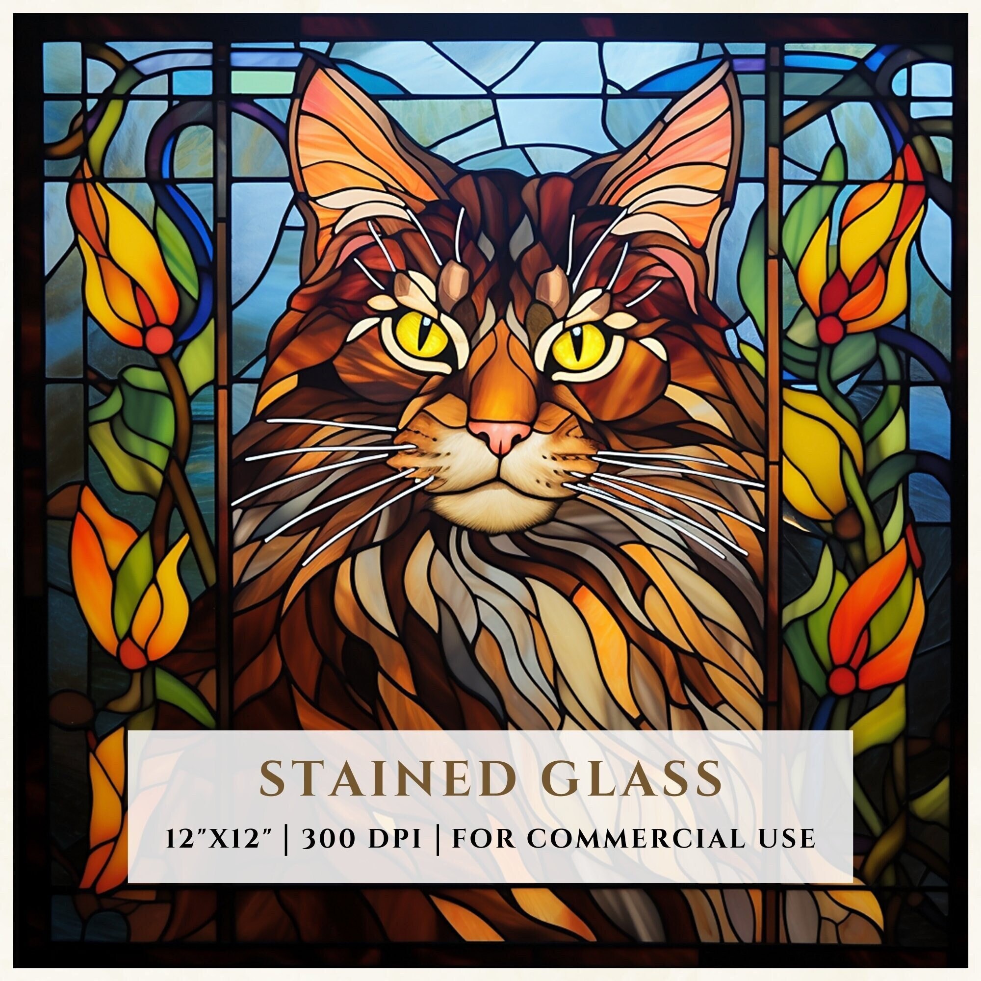 Maine Coon Cat Stained Glass Pattern, Cute Kitten, Sublimation Designs ...