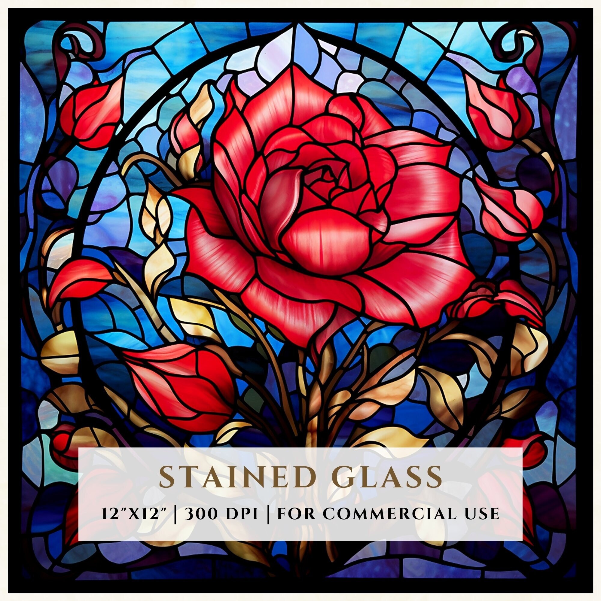 Red Rose Stained Glass Pattern, Sublimation Designs, Stained Glass PNG ...