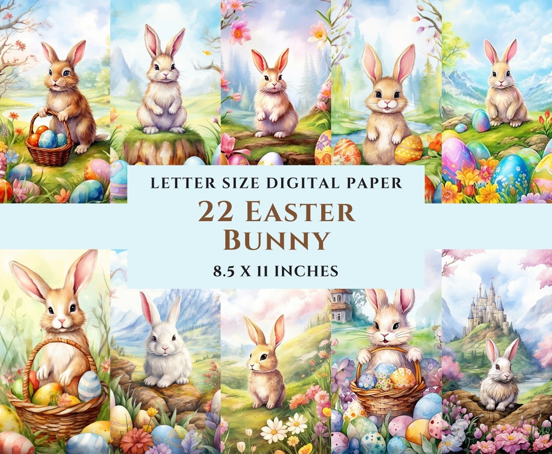 22 Easter Bunny Printable Digital Paper Bundle, Watercolor, Commercial ...