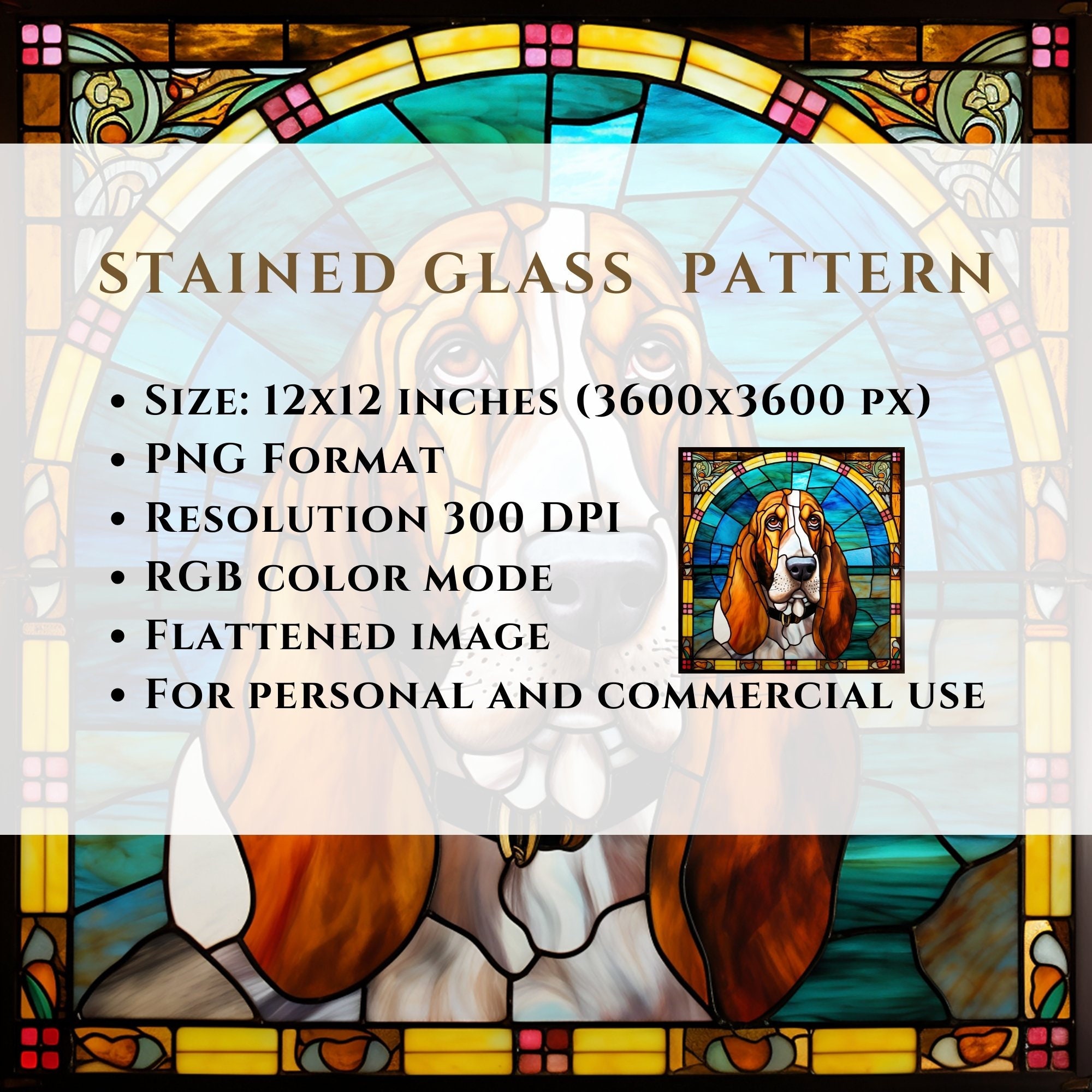 Basset Hound Dog Stained Glass Pattern, Sublimation Designs, Stained ...