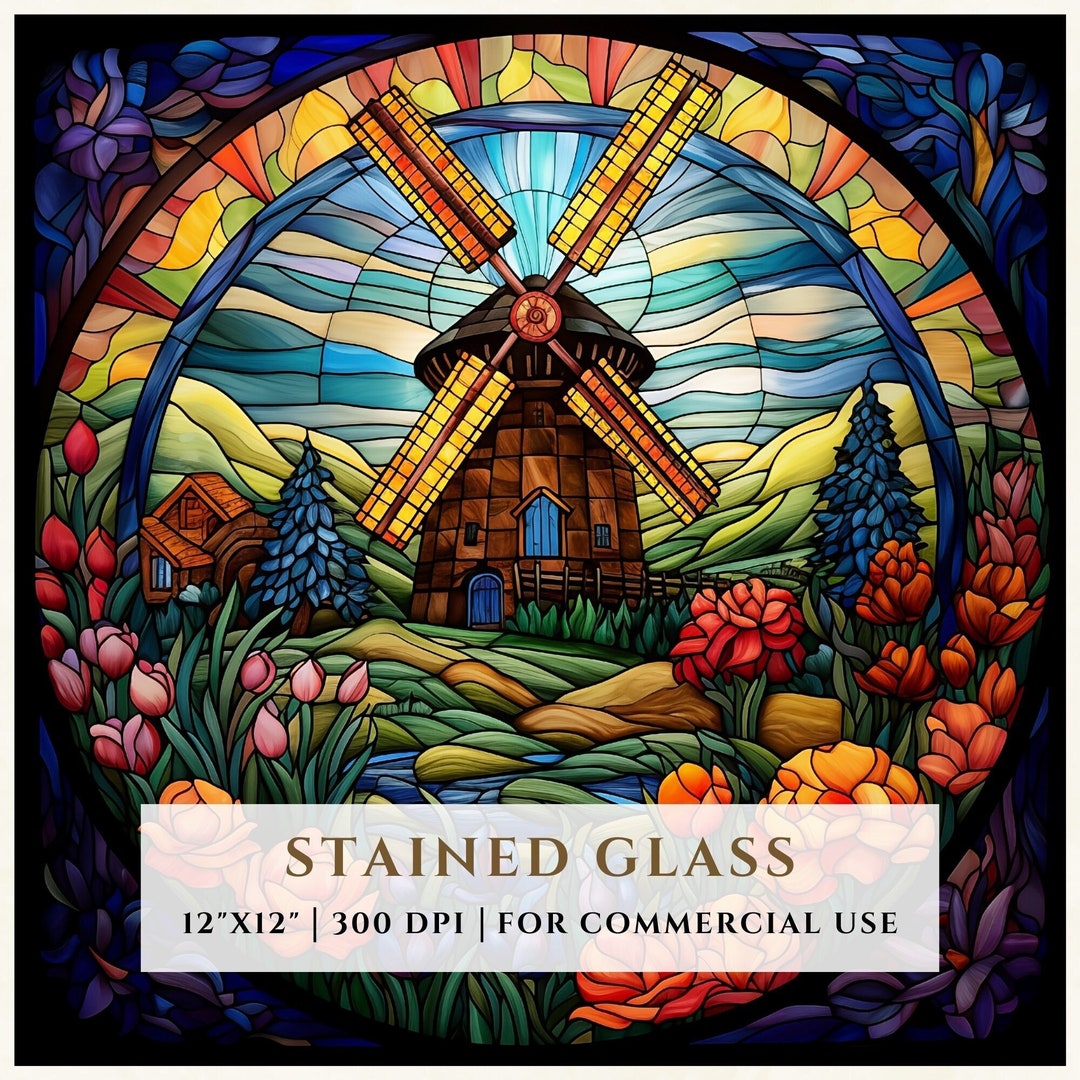 Windmill Scenery Stained Glass Pattern, Sublimation Designs, Stained ...