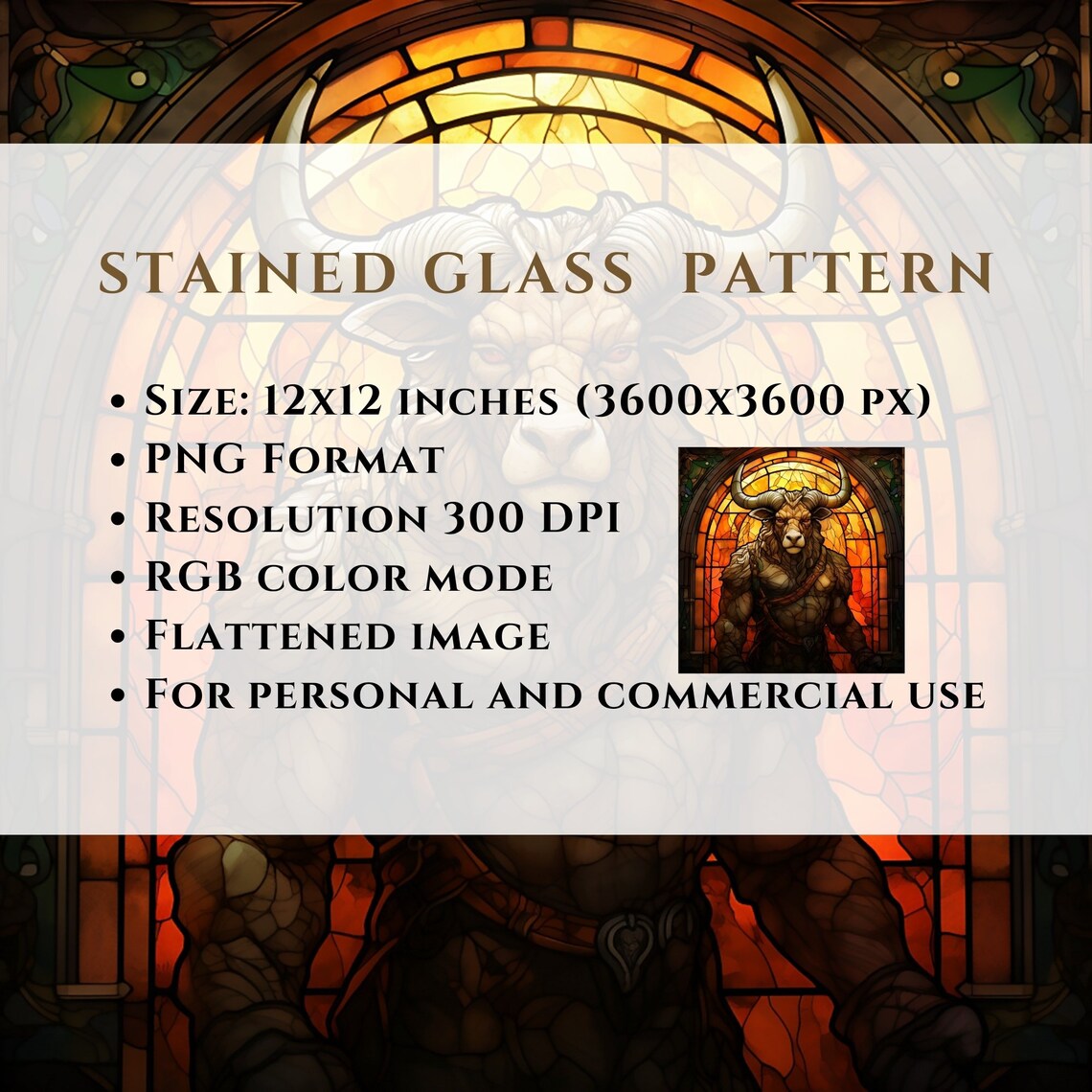 Minotaur Stained Glass Pattern, Greek Mythology, Sublimation Designs ...