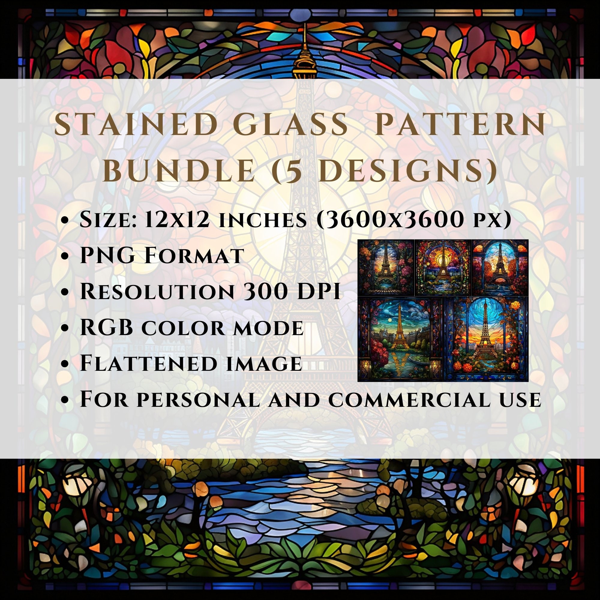 5 Eiffel Tower Stained Glass Pattern Bundle, Paris France, Sublimation ...