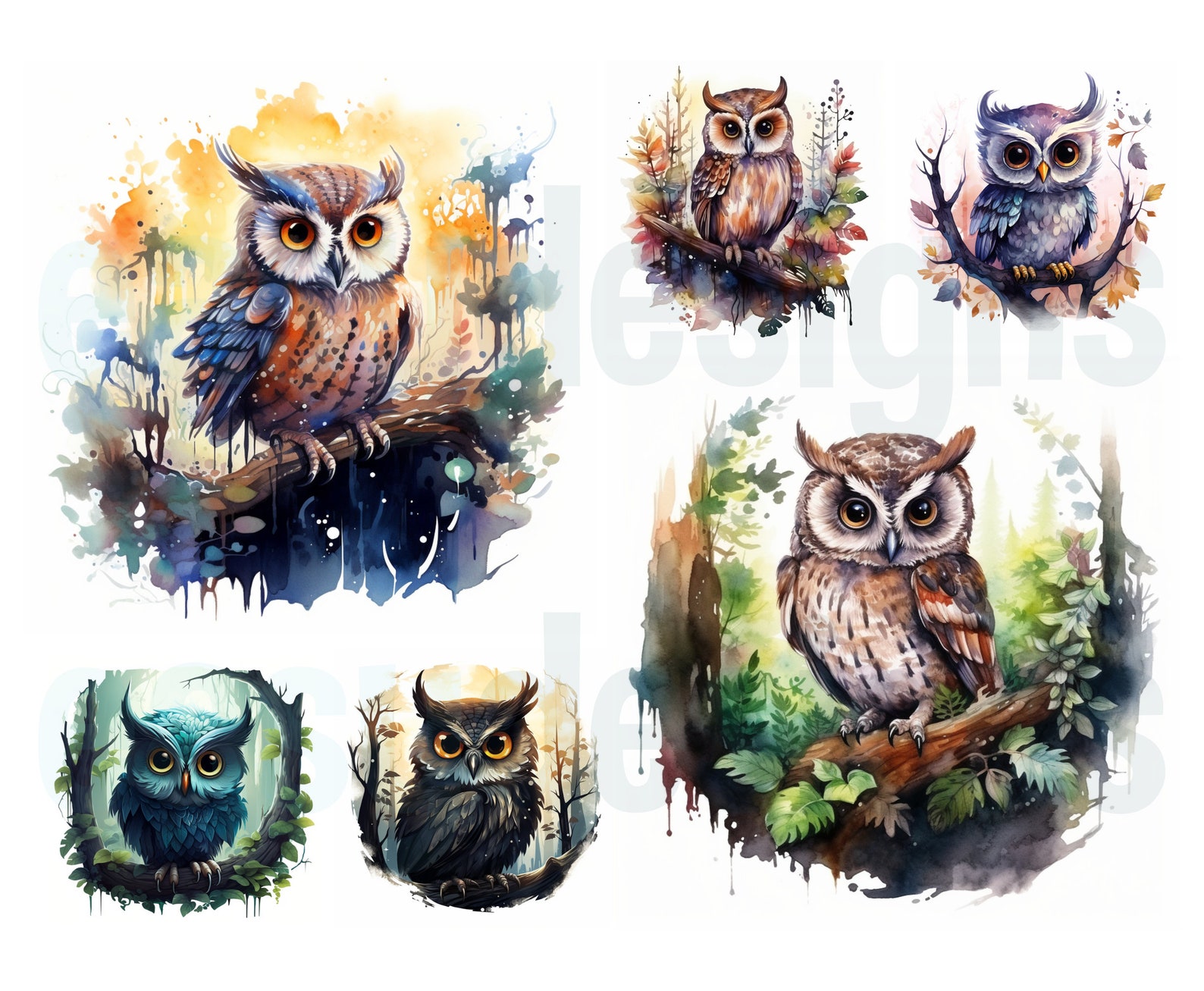 52 Watercolor Forest Owls Clipart Bundle, Digital Graphics, Instant ...