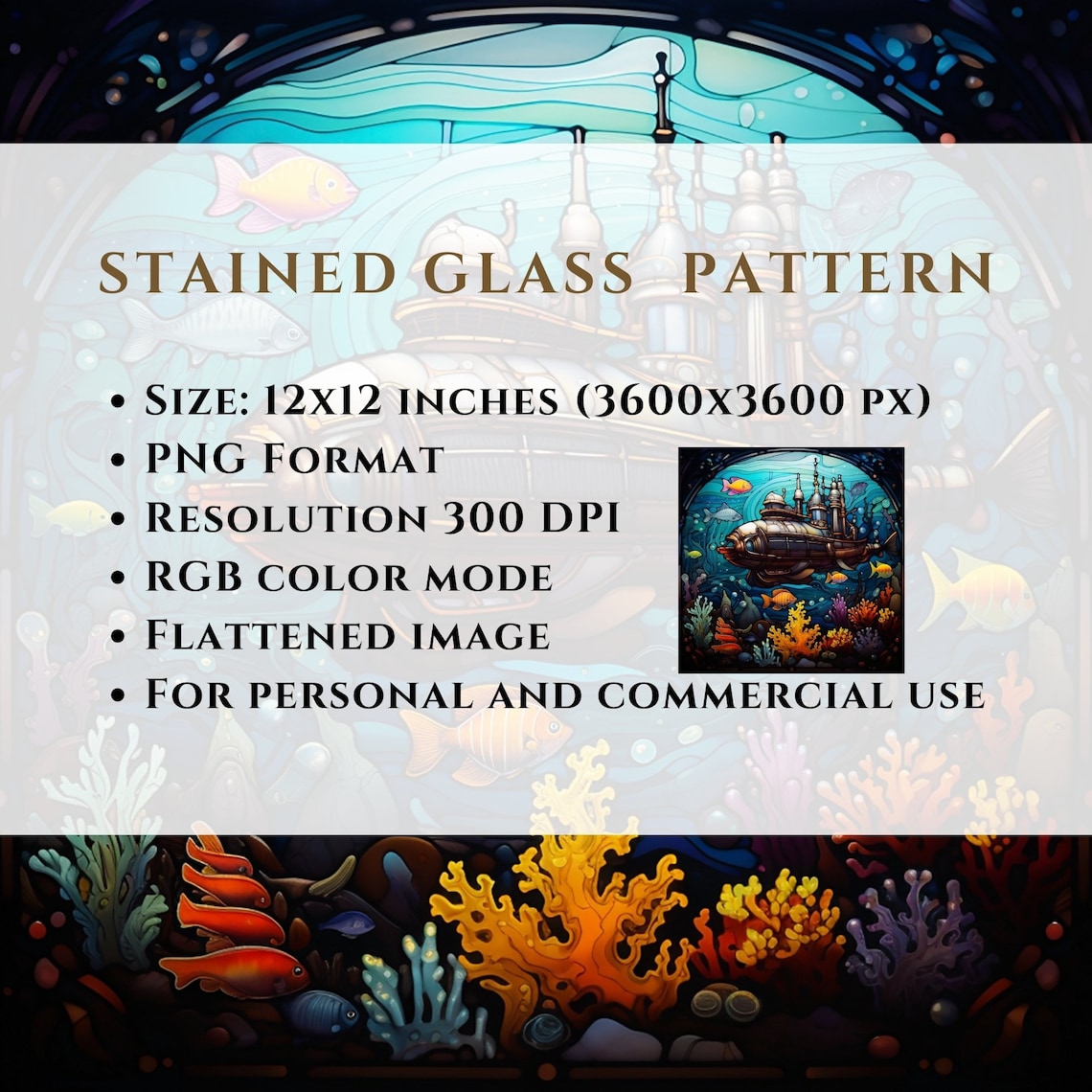Steampunk Submarine Stained Glass Pattern, Sublimation Designs, Faux ...