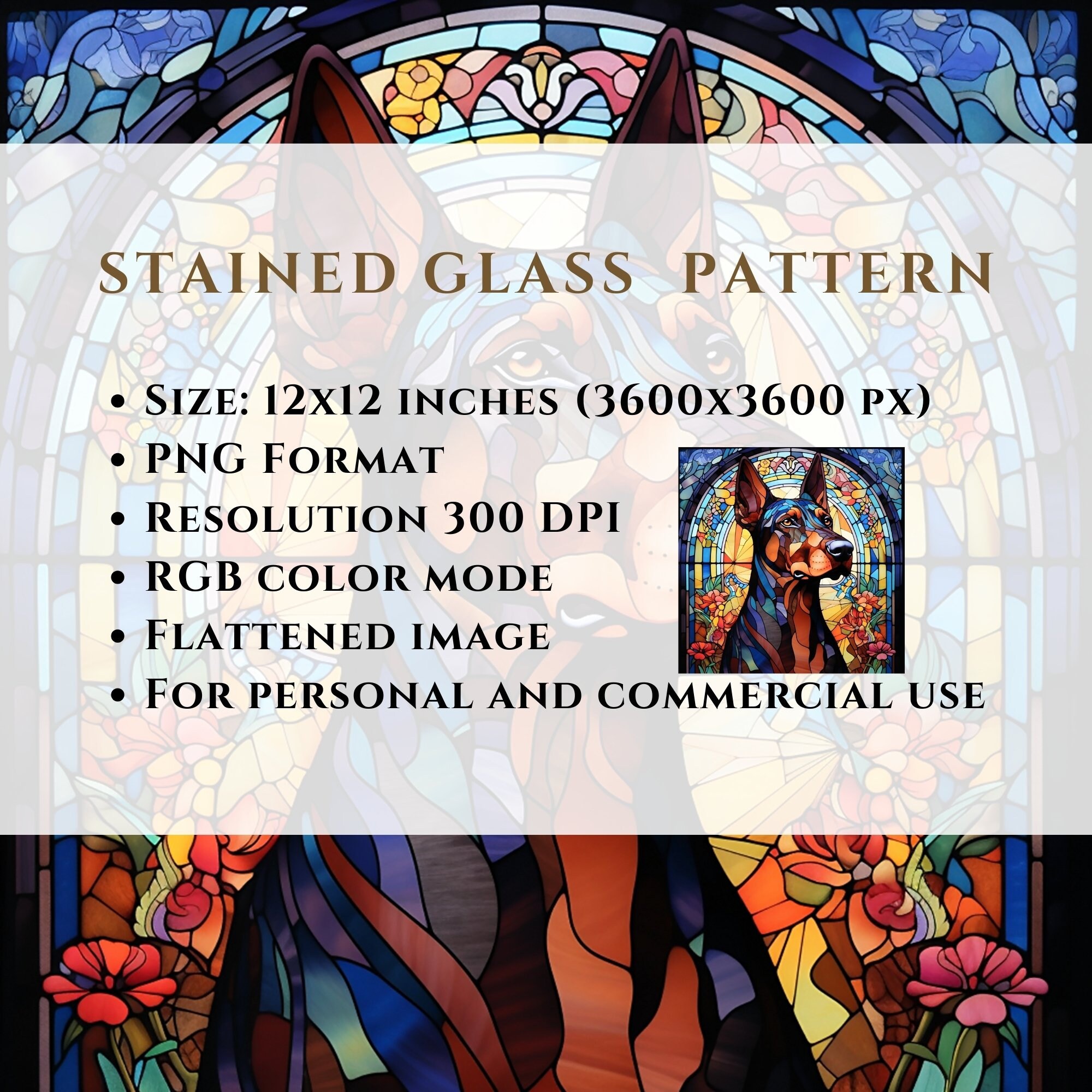 Dobermann Dog Stained Glass Pattern, Sublimation Designs, Stained Glass ...