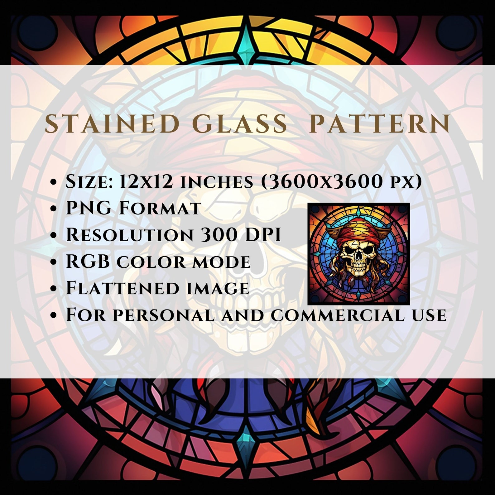 Pirate Motifs Stained Glass Pattern, Skull, Sublimation Designs ...
