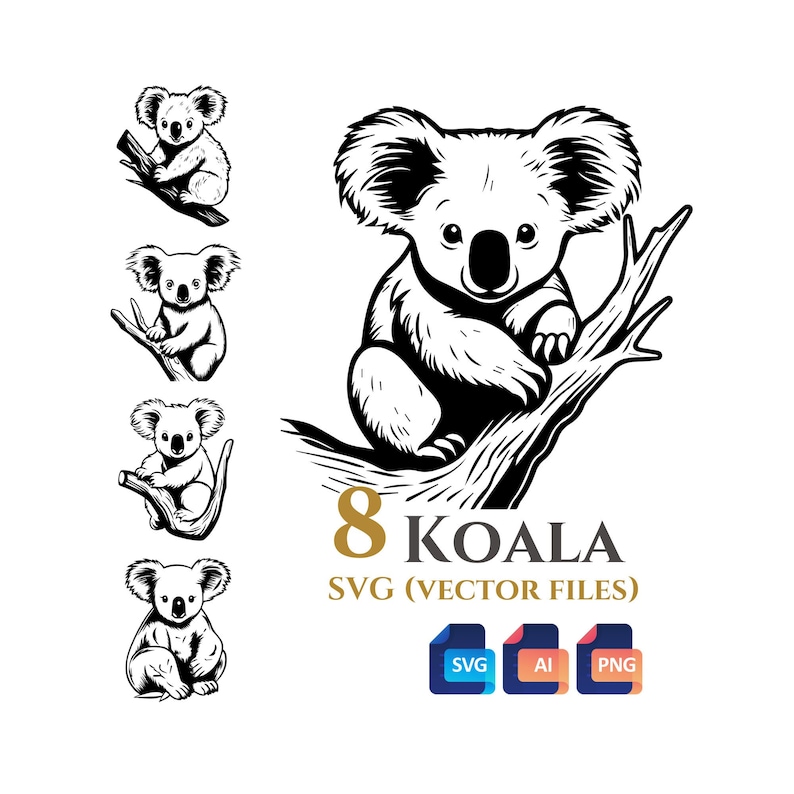 8 Koala Svg Vector Clipart Bundle, Transparent Background, Instant ...