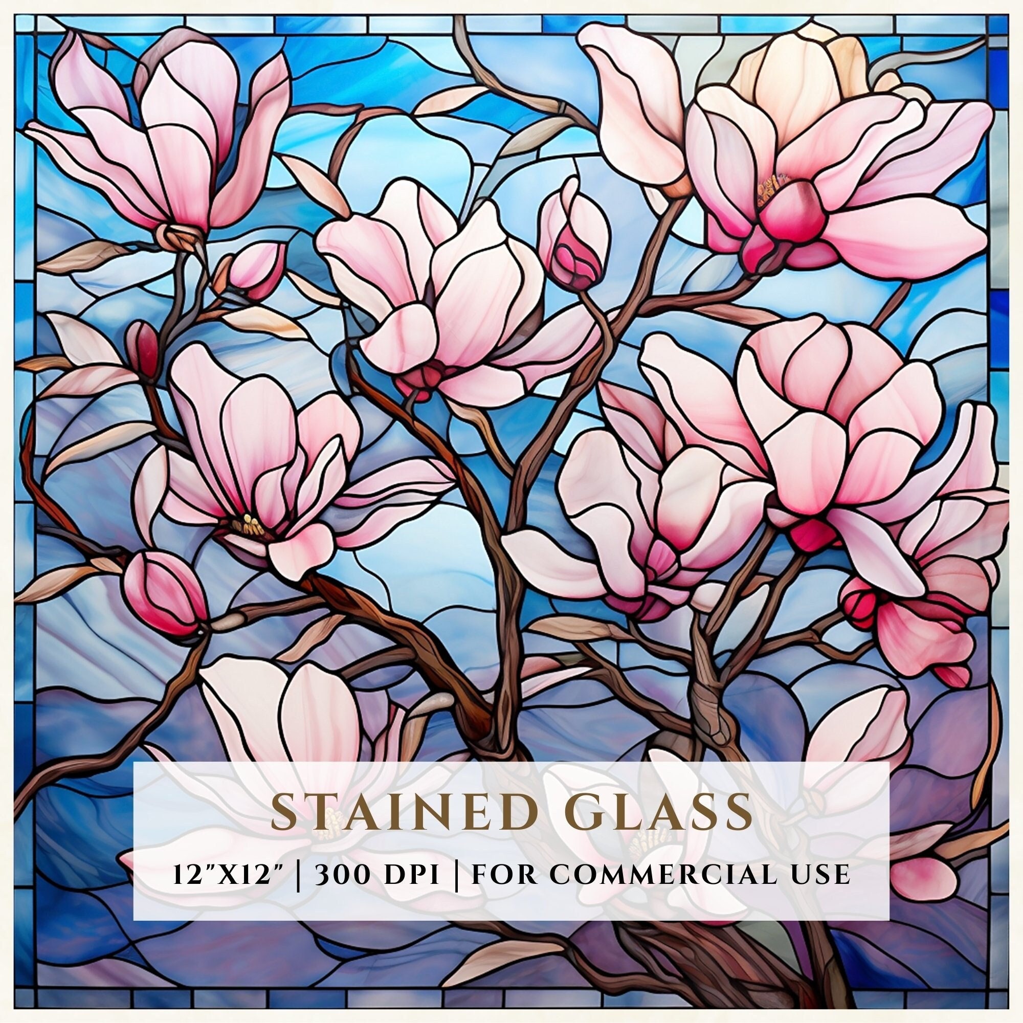 Magnolia Blossom Stained Glass Pattern, Sublimation Designs, Stained ...