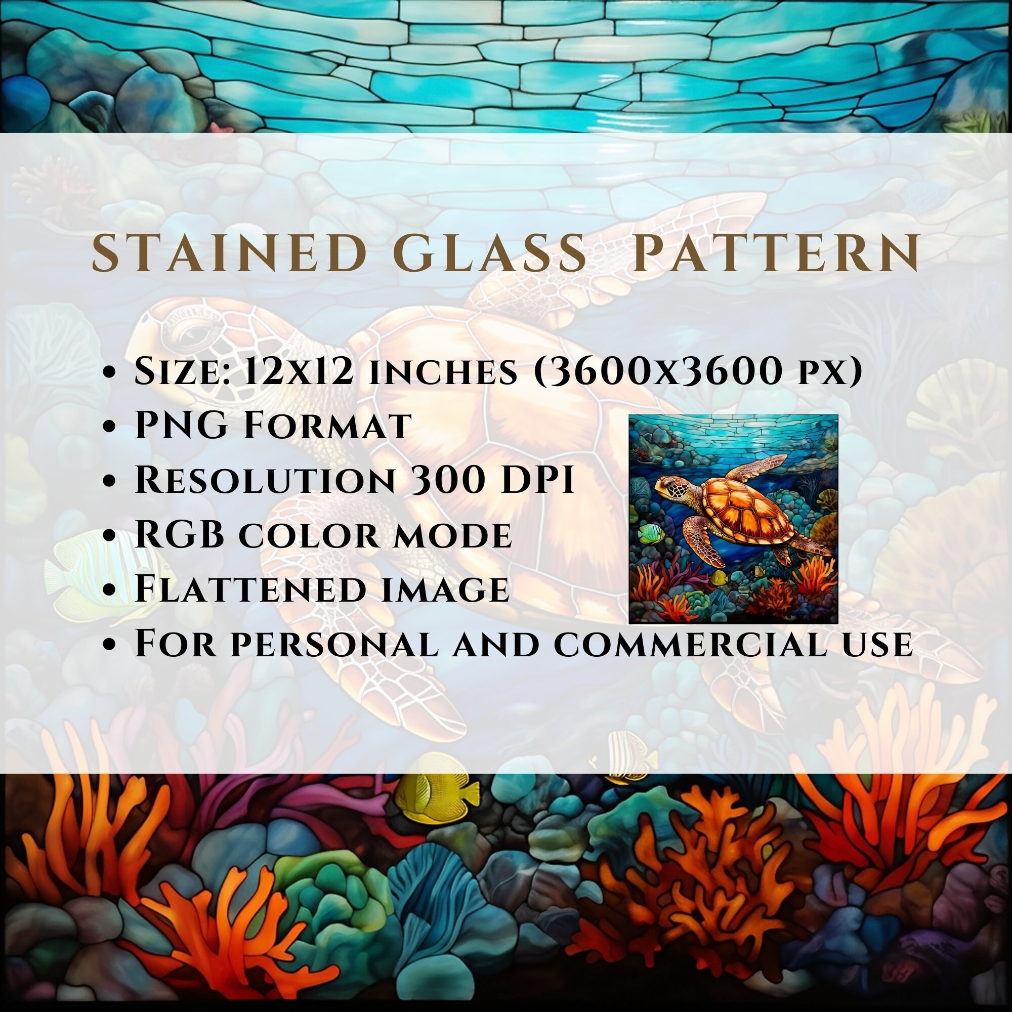Sea Turtle Stained Glass Pattern, Sublimation Designs, Faux Stained ...