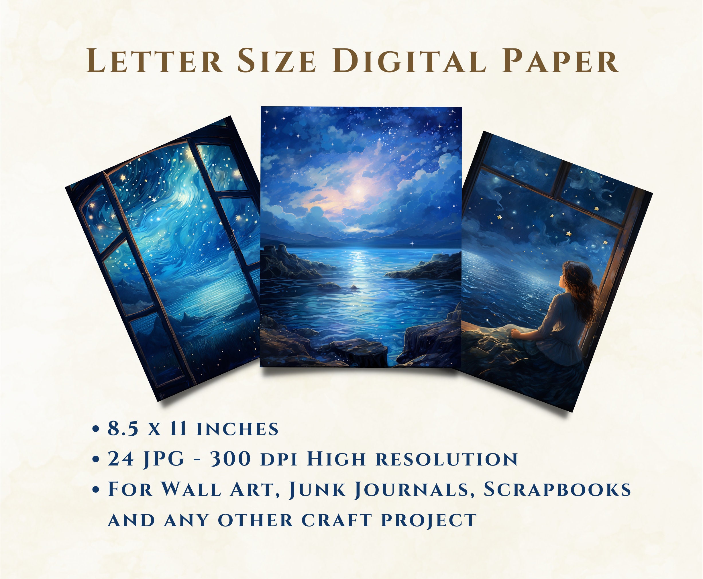 24 Starry Night Printable Digital Paper Bundle, Watercolor, Letter Size ...