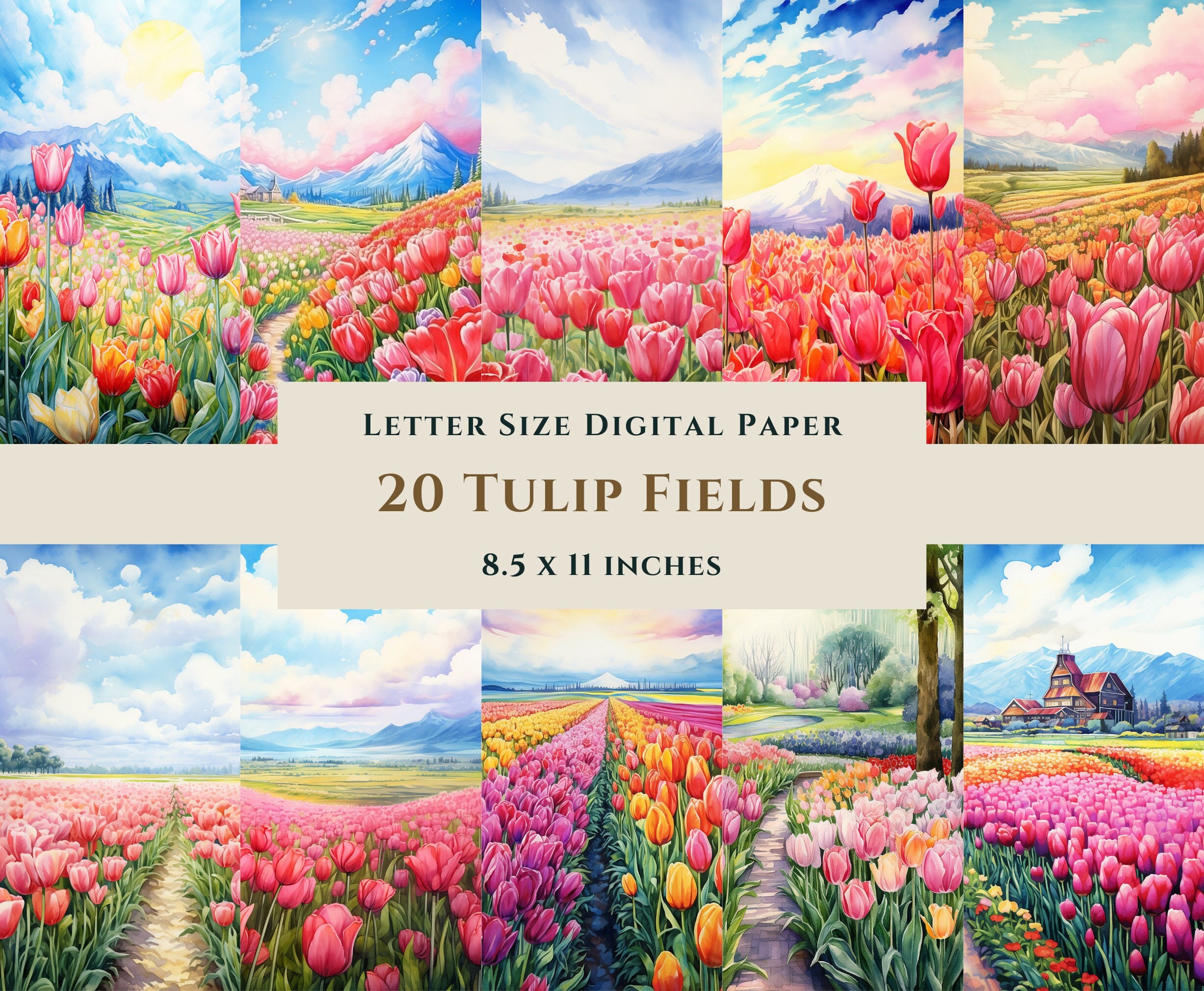 20 Tulip Fields Printable Digital Paper Bundle Watercolor - Etsy