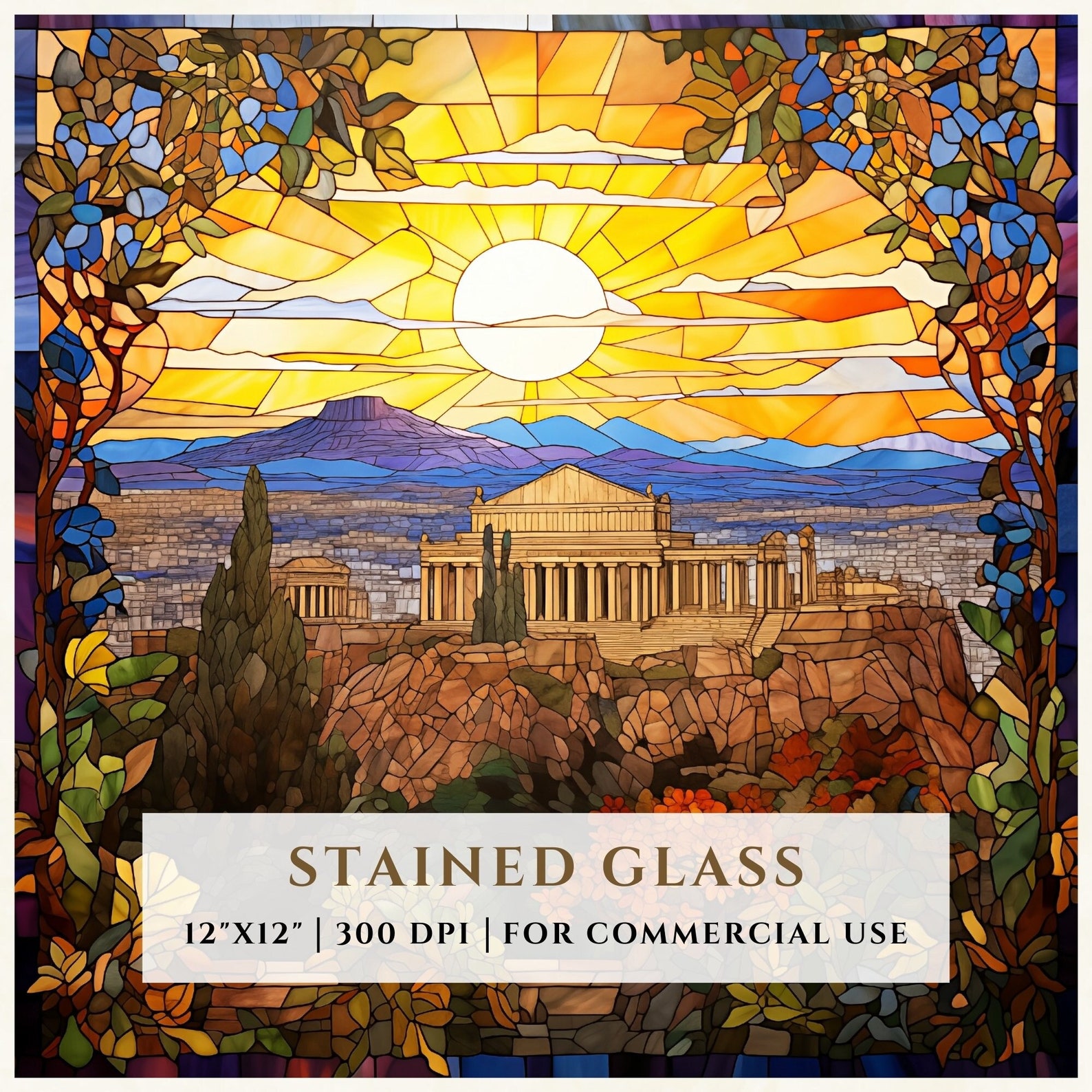 Scenic Athens Stained Glass Pattern, Greece, Sublimation Designs ...