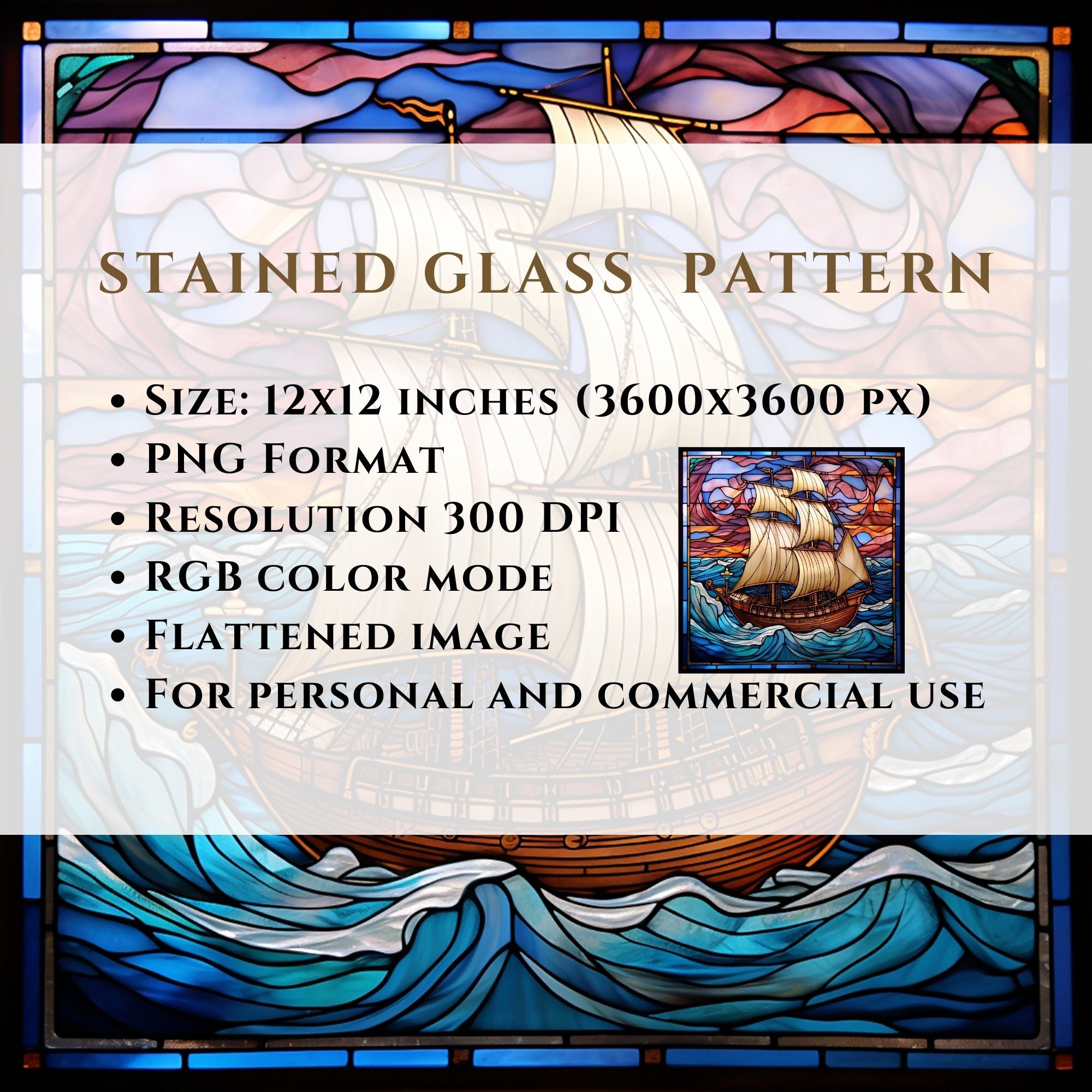Sailing Ship Stained Glass Pattern, Ocean Waves, Sublimation Designs ...