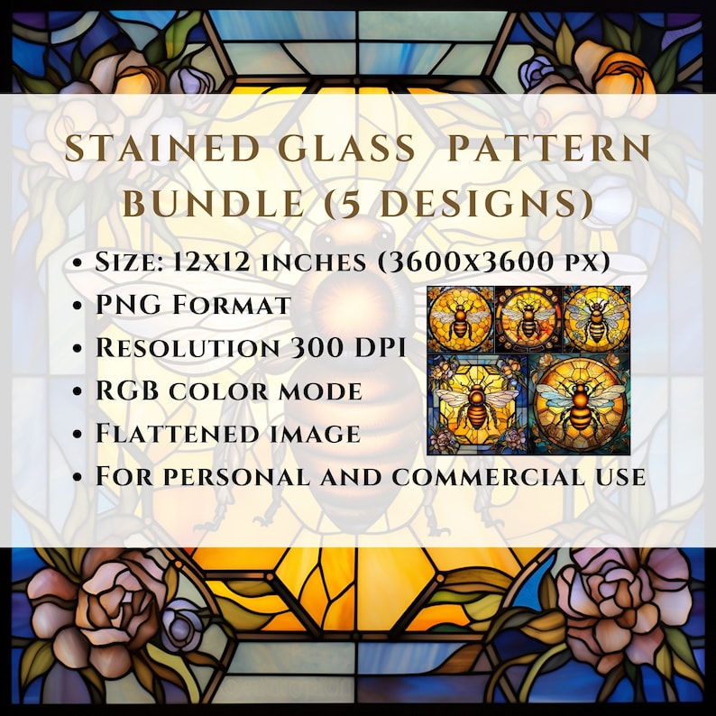 5 Honey Bee Stained Glass Pattern Bundle, Sublimation Designs, Stained ...