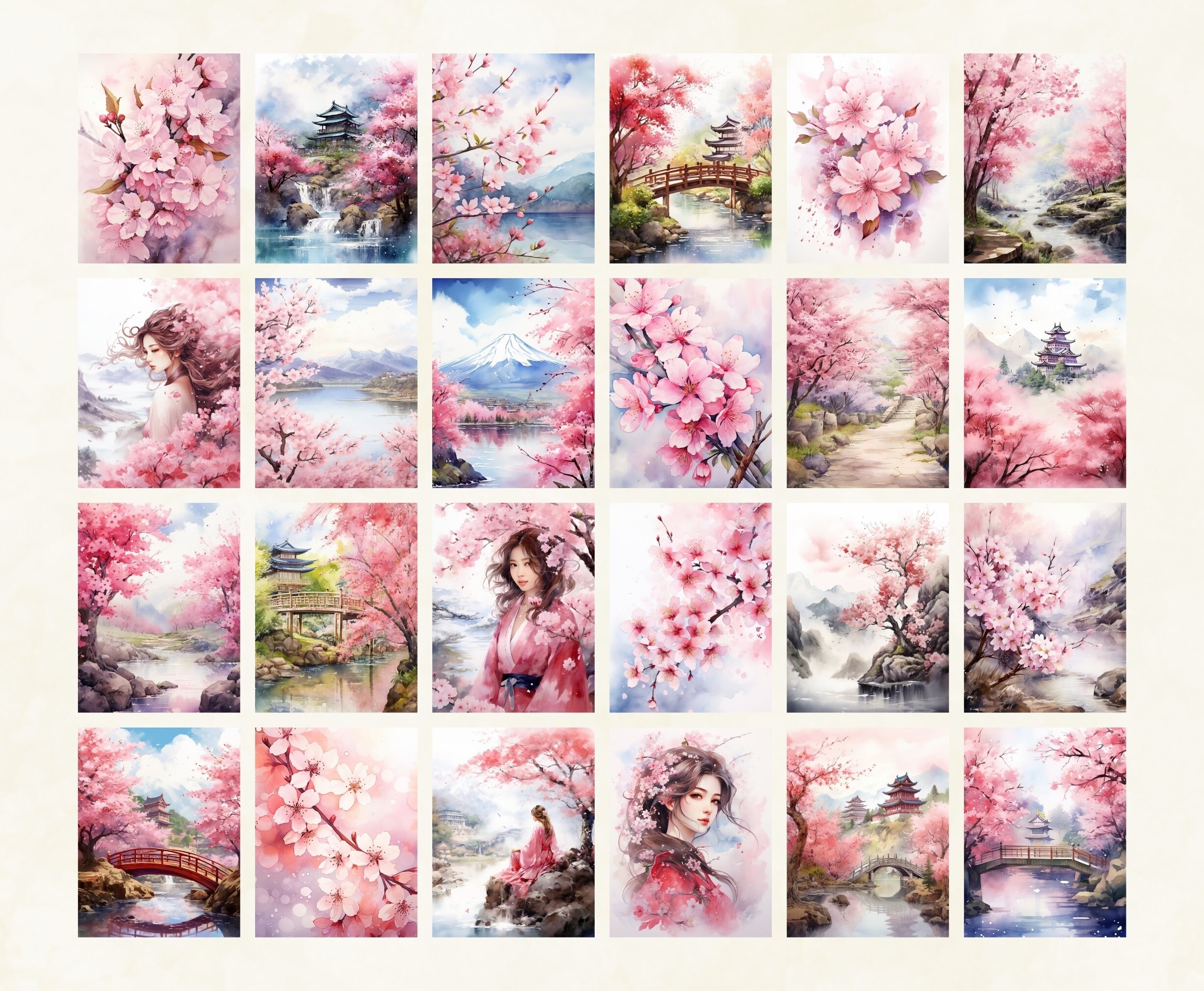 24 Blooming Sakura Printable Digital Paper Bundle, Watercolor, Japan ...