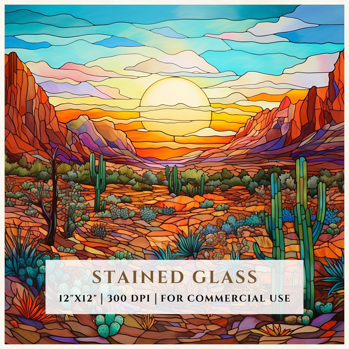 Desert Landscape Stained Glass Pattern, Sublimation Designs, Stained ...