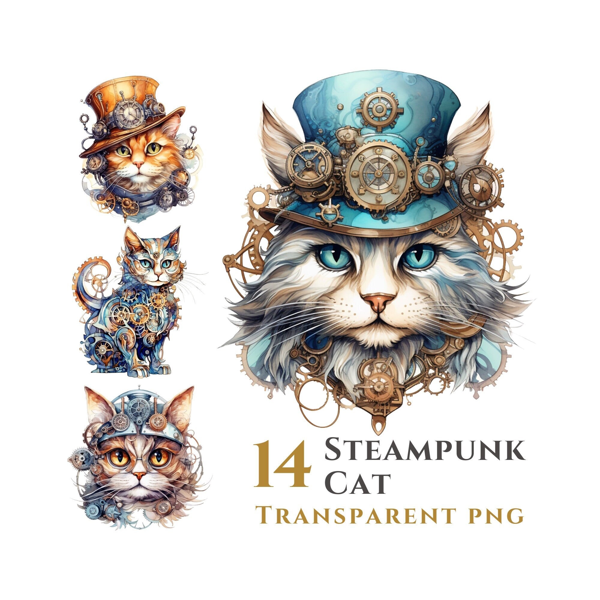 14 Steampunk Cat Clipart Bundle, Digital Download PNG Files, Transparent Background, for ...