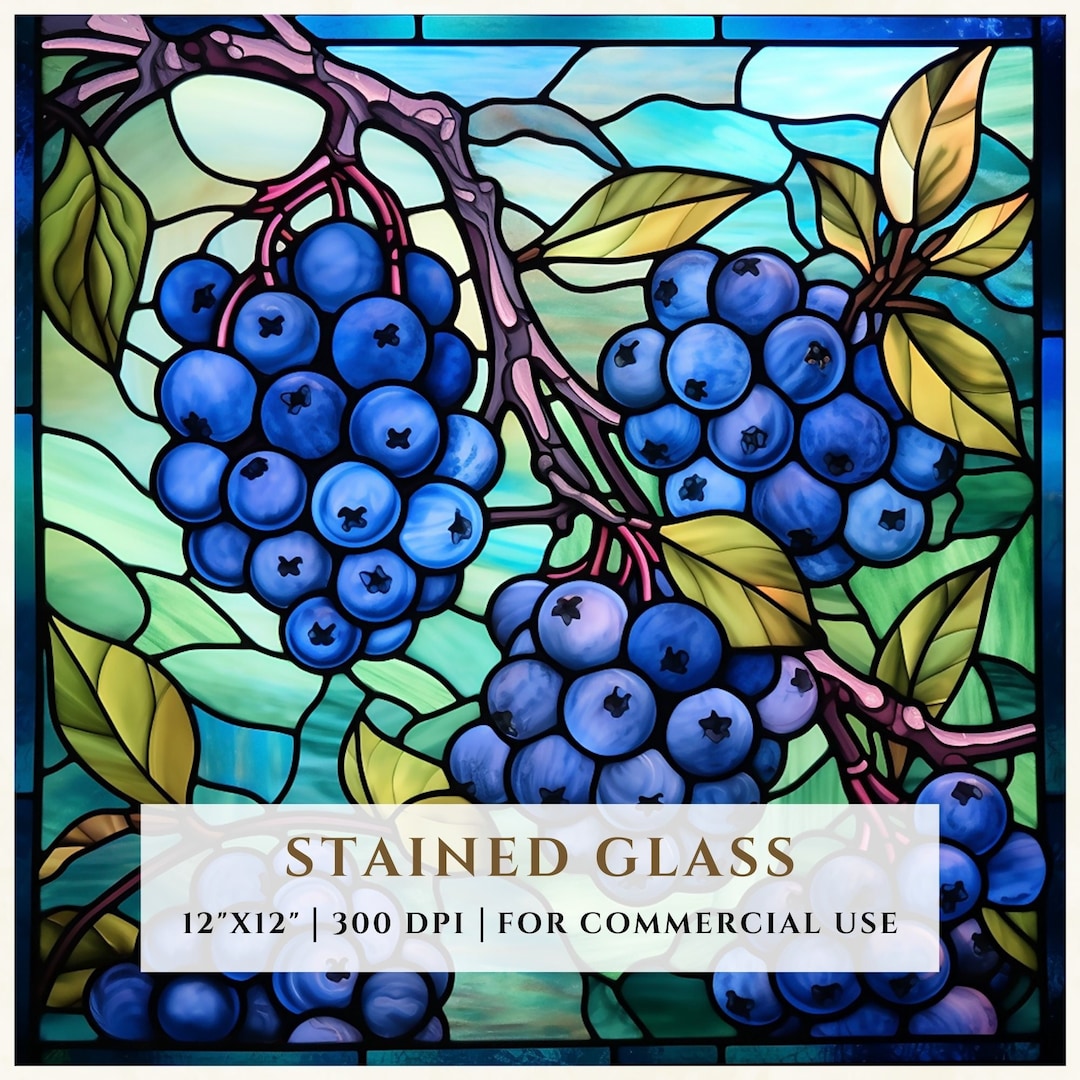 Blueberries Stained Glass Pattern, Sublimation Designs, Stained Glass ...