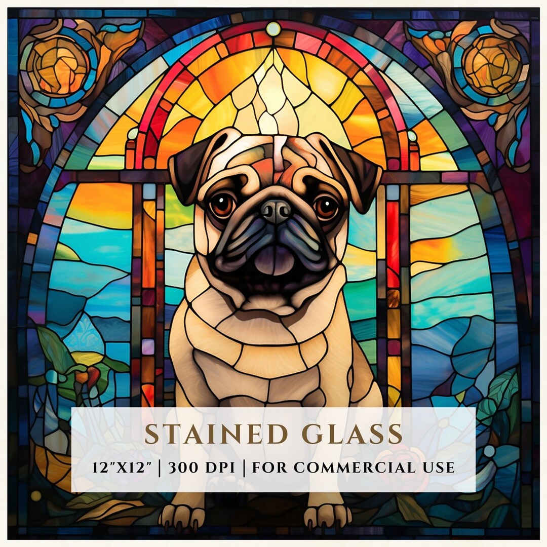 Pug Dog Stained Glass Pattern, Sublimation Designs, Stained Glass PNG ...