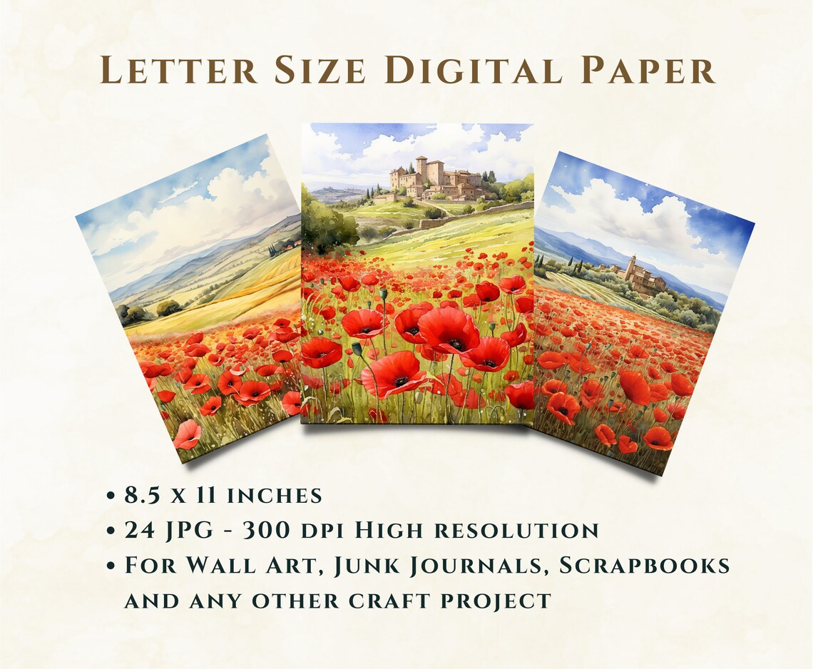 24 Poppy Fields Printable Digital Paper Bundle, Watercolor, Instant ...