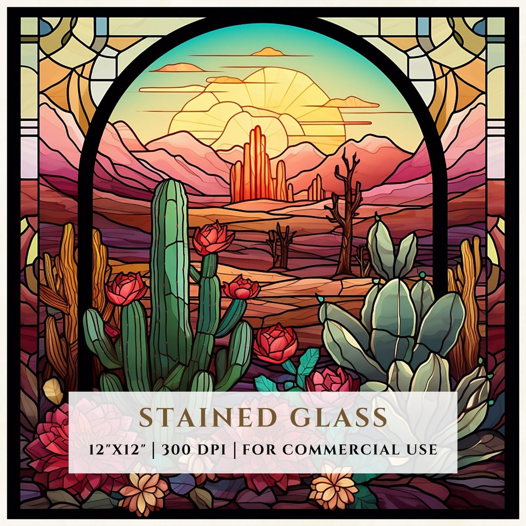 Cactus Stained Glass Pattern, Desert Landscape, Sublimation Designs ...