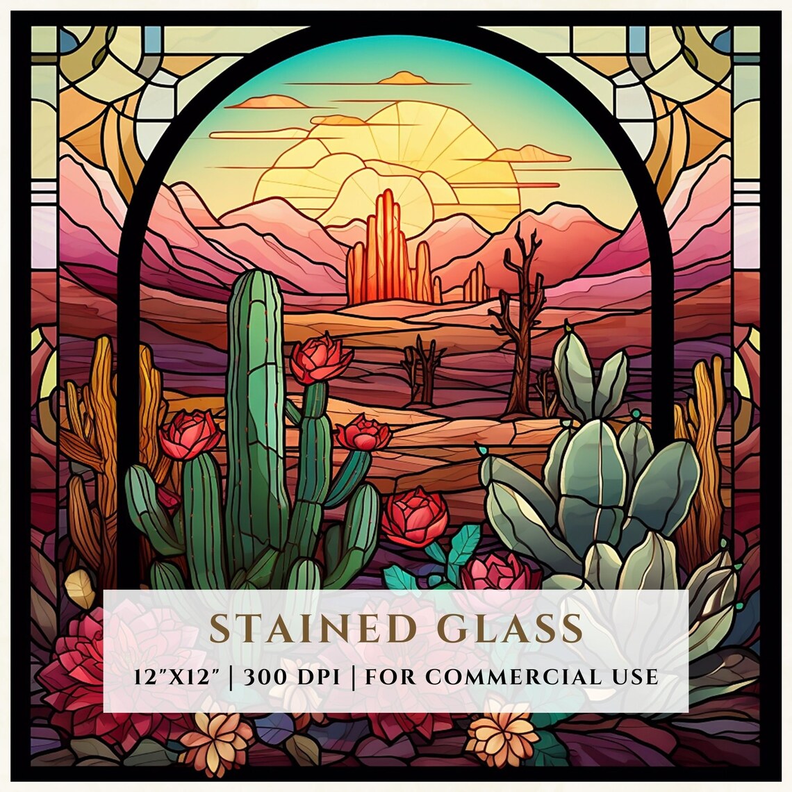 Cactus Stained Glass Pattern, Desert Landscape, Sublimation Designs ...