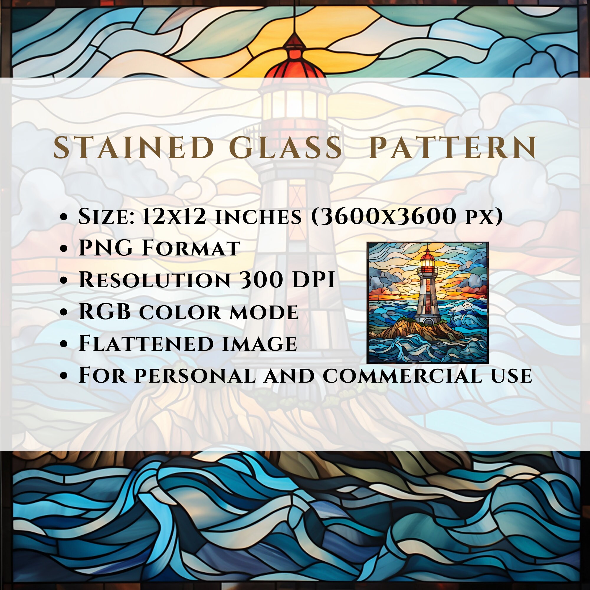 Lighthouse Stained Glass Pattern Ocean Waves Sublimation - Etsy