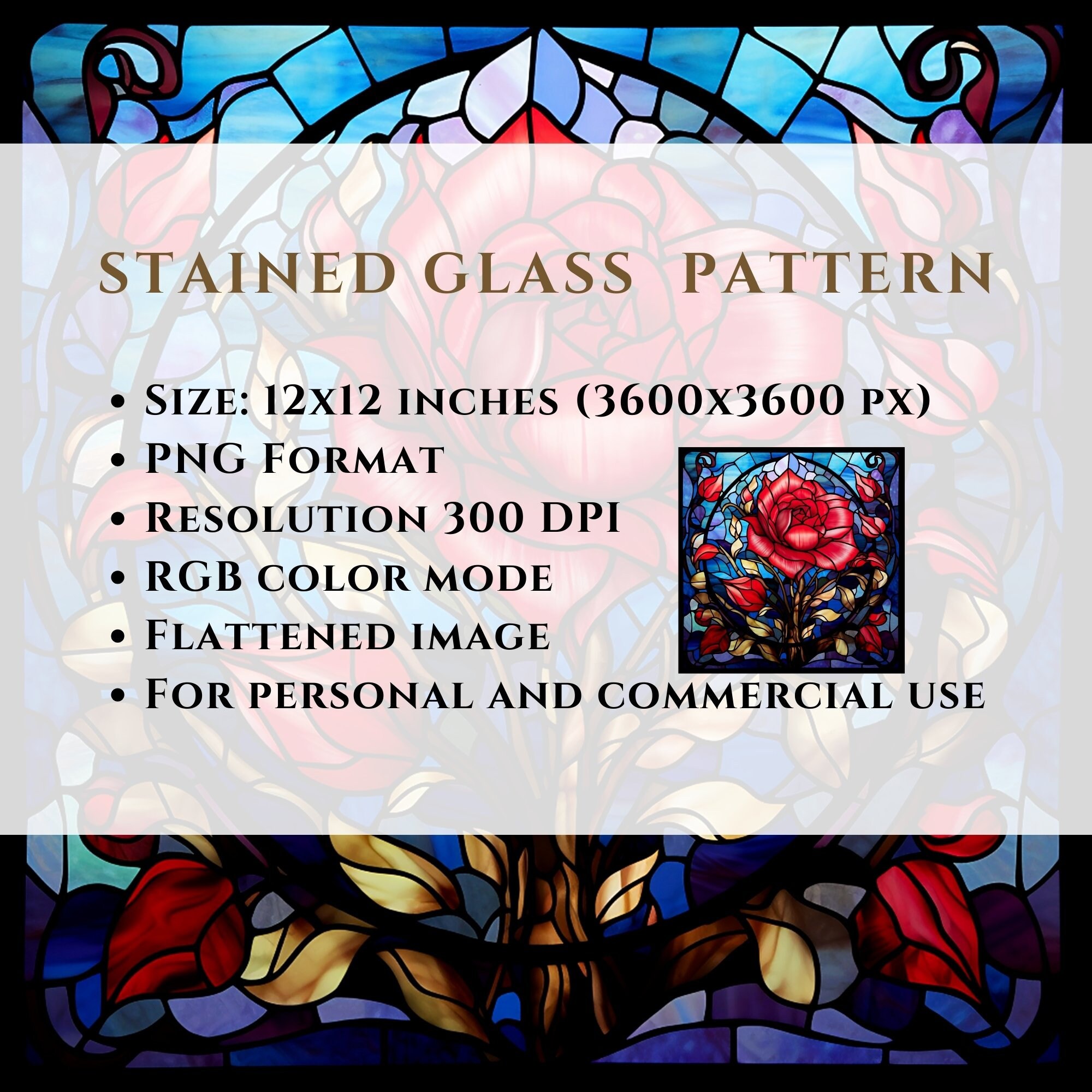 Red Rose Stained Glass Pattern, Sublimation Designs, Stained Glass PNG ...