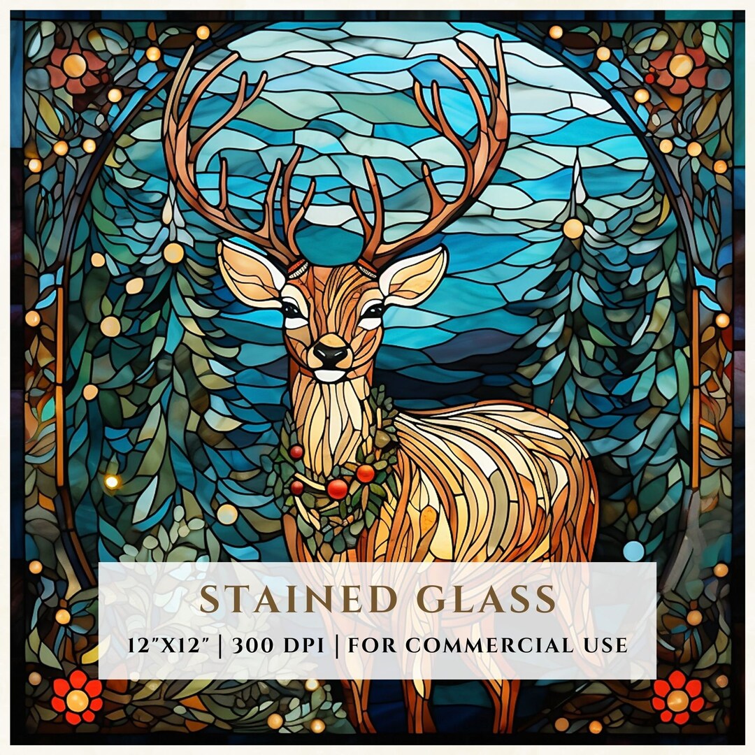 Reindeer Christmas Motifs Stained Glass Pattern, Sublimation Designs ...
