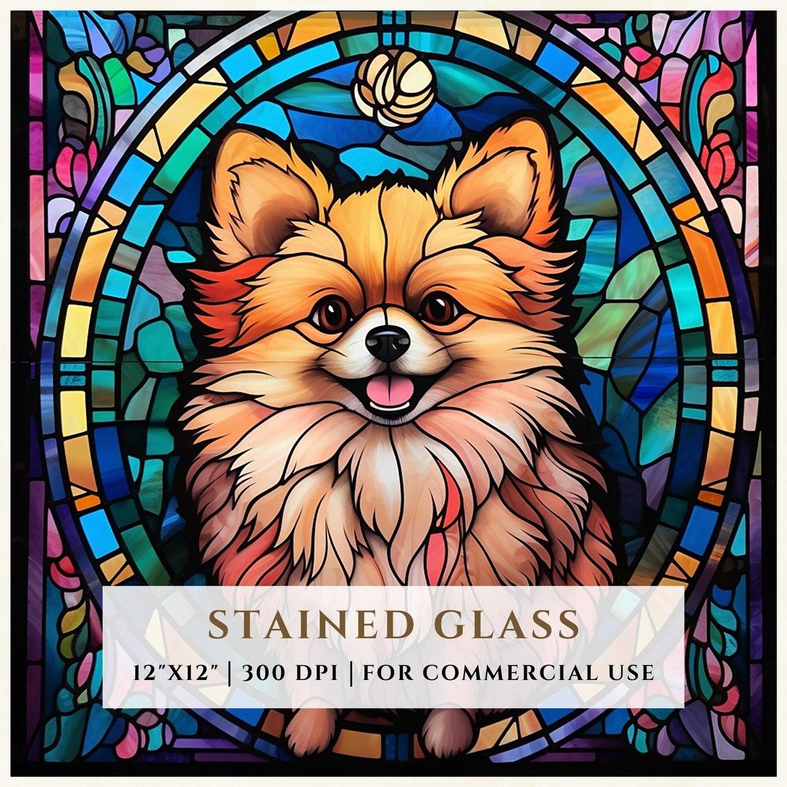 Pomeranian Dog Stained Glass Pattern, Sublimation Designs, Stained ...