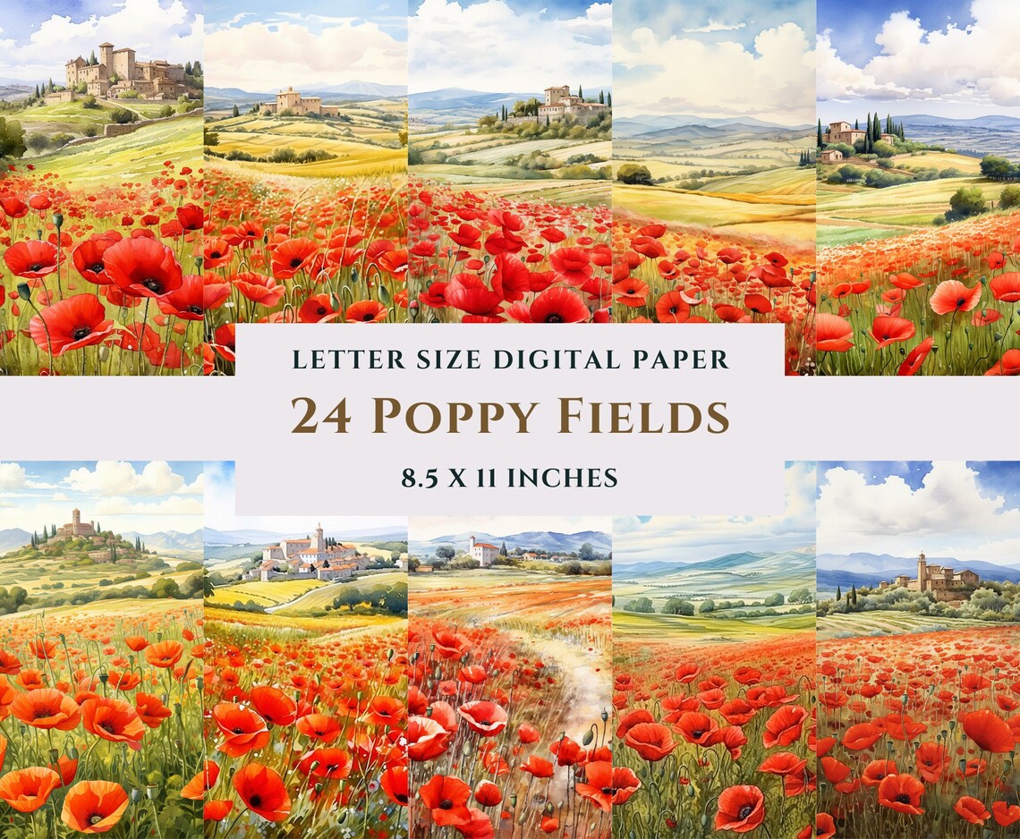24 Poppy Fields Printable Digital Paper Bundle, Watercolor, Instant ...