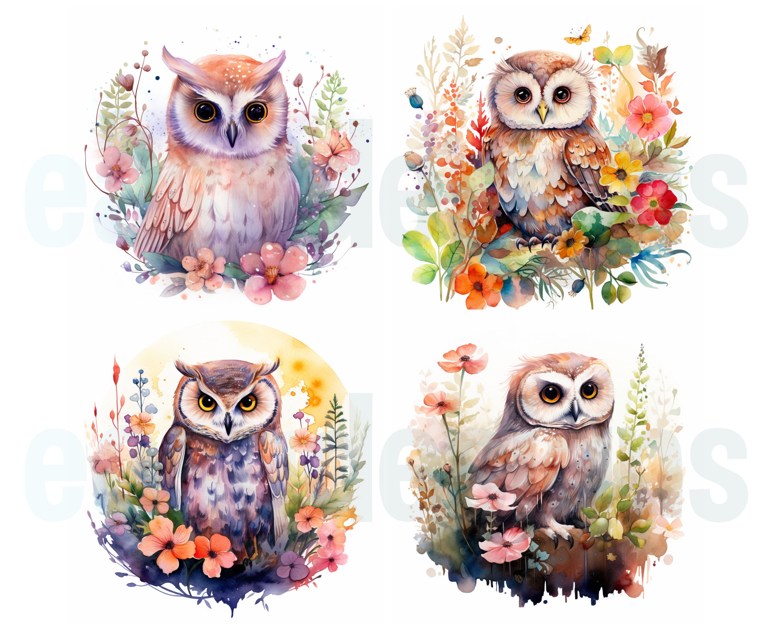 28 Watercolor Owls Floral Clipart Bundle, Digital Graphics, Instant ...