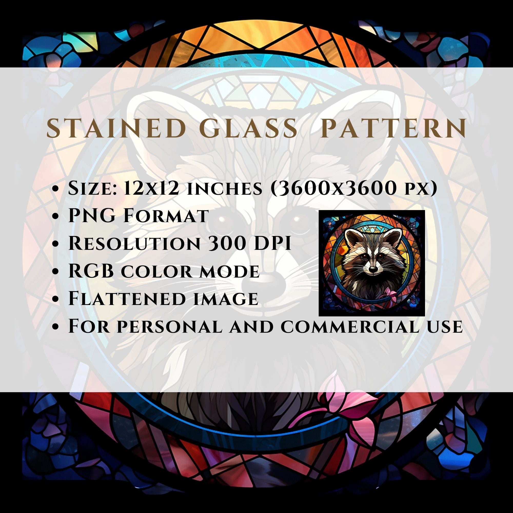 Raccoon Stained Glass Pattern, Sublimation Designs, Stained Glass PNG ...
