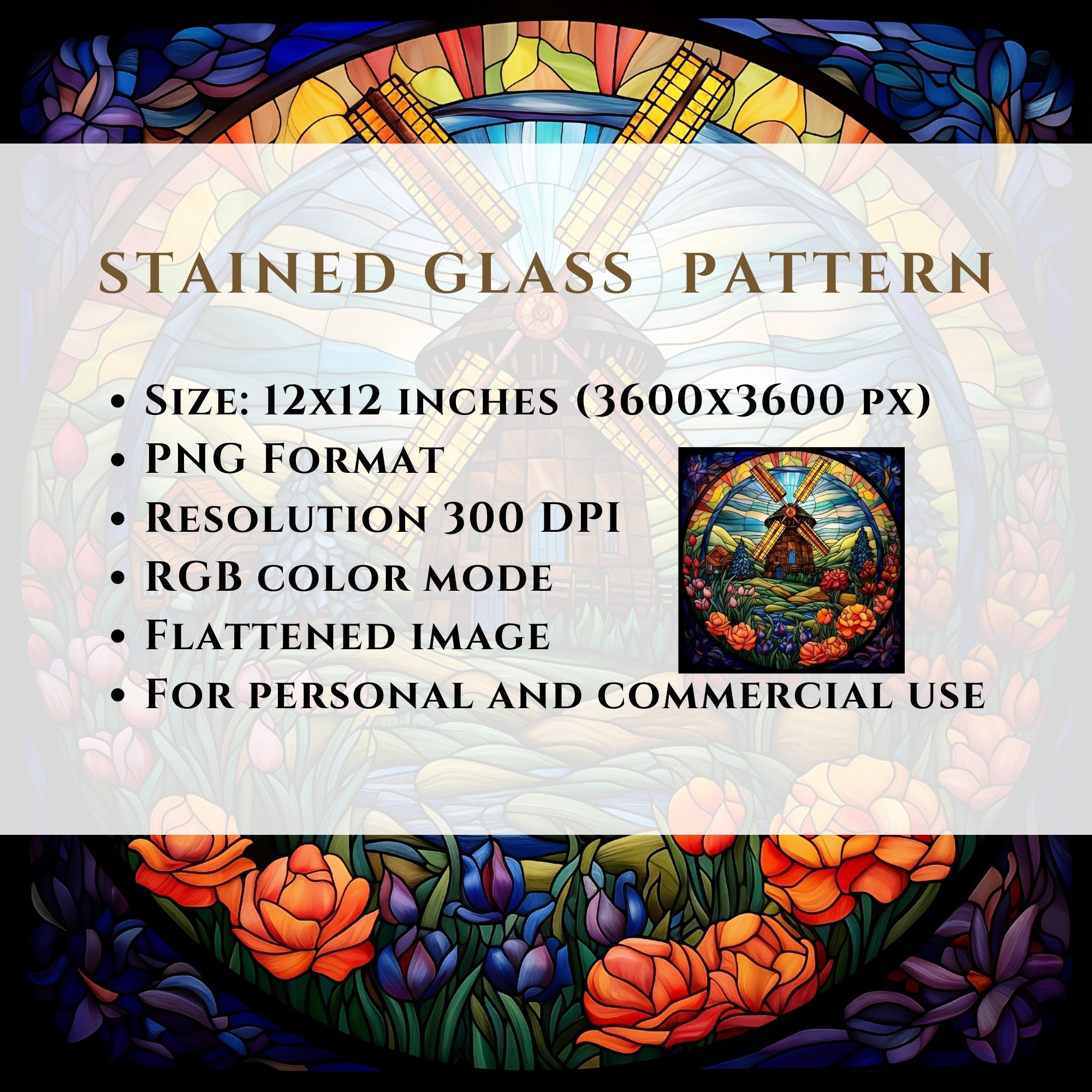 Windmill Scenery Stained Glass Pattern, Sublimation Designs, Stained ...