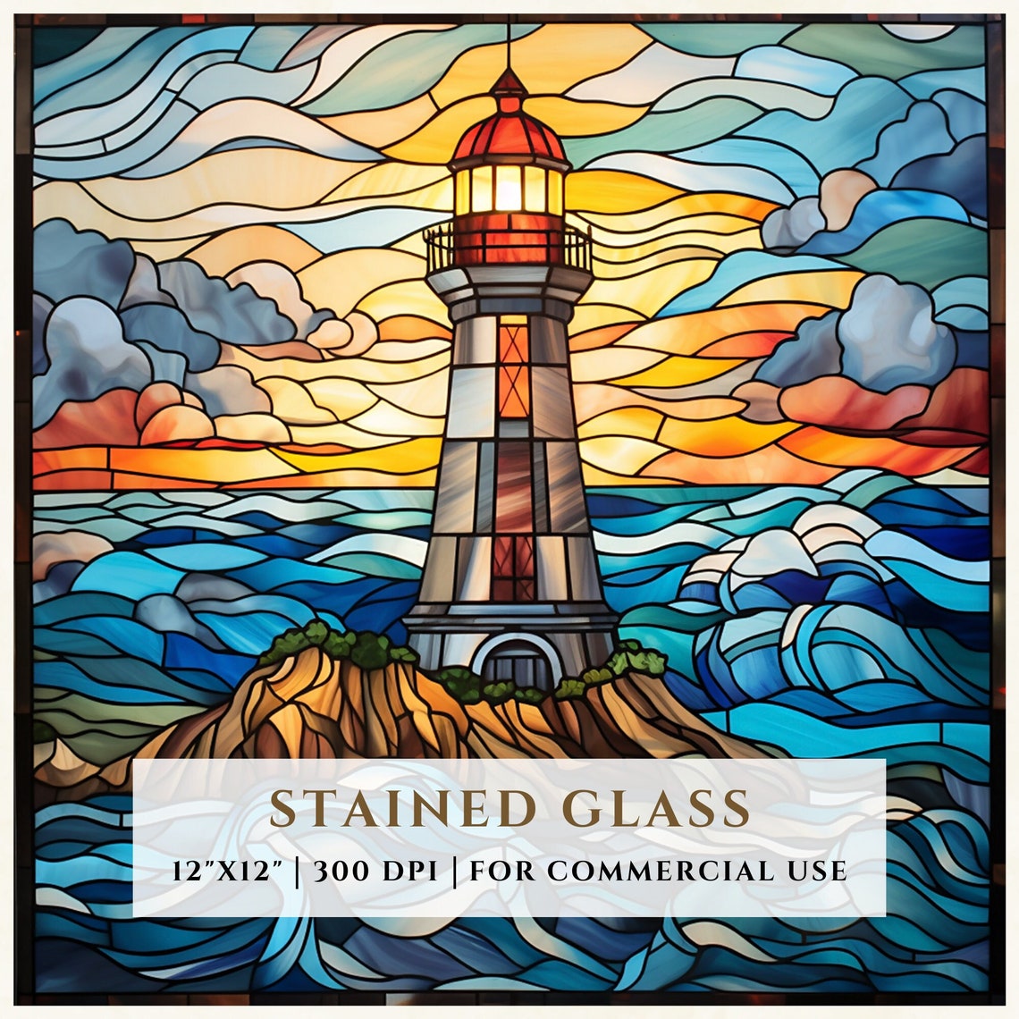 Lighthouse Stained Glass Pattern Ocean Waves Sublimation - Etsy